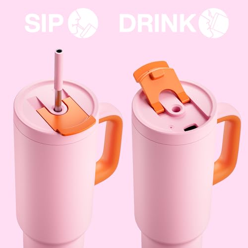 ENCOOL 40 oz Tumbler with Handle and Straw, 100% Leakproof Insulated Tumbler with Lid and Straw, Stainless Steel Travel Mug, Keeps Cold for 34 Hours, Car Cup Holder Friendly (Blush)