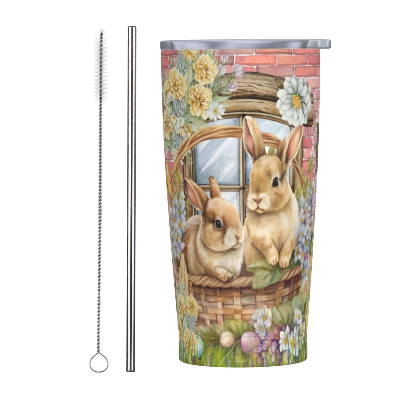 Worltoldb Easter Bunny 20oz Insulated Stainless Steel Tumbler With Lids And Straws Stainless Steel Double Wall Vacuum Insulated Travel Coffee Mug Leak-Proof Lid & Flip Lid For Hot And Cold Drinks