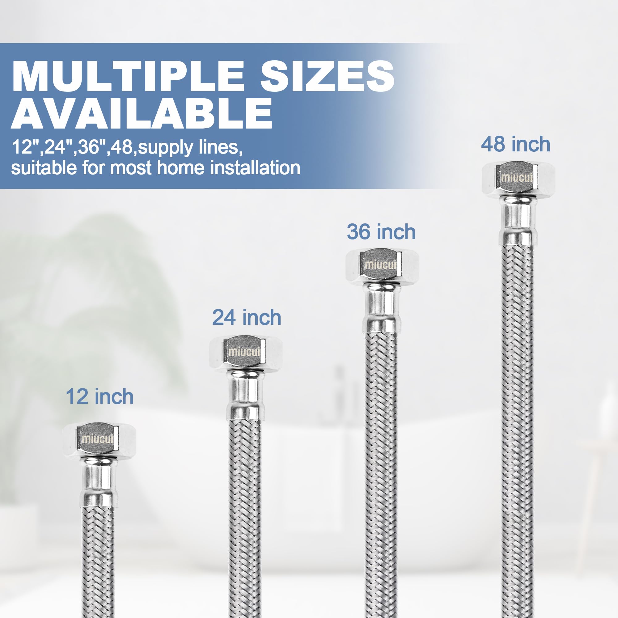 Miucui [4-Pack 24 Inch] 1/2" FIP x 3/8" COMP Faucet Supply Lines, Bathroom Faucet Hose Connector, 304 Stainless Steel Braided Water Supply Line