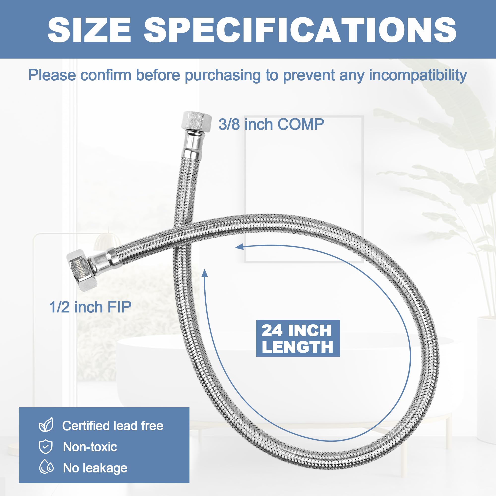 Miucui [4-Pack 24 Inch] 1/2" FIP x 3/8" COMP Faucet Supply Lines, Bathroom Faucet Hose Connector, 304 Stainless Steel Braided Water Supply Line