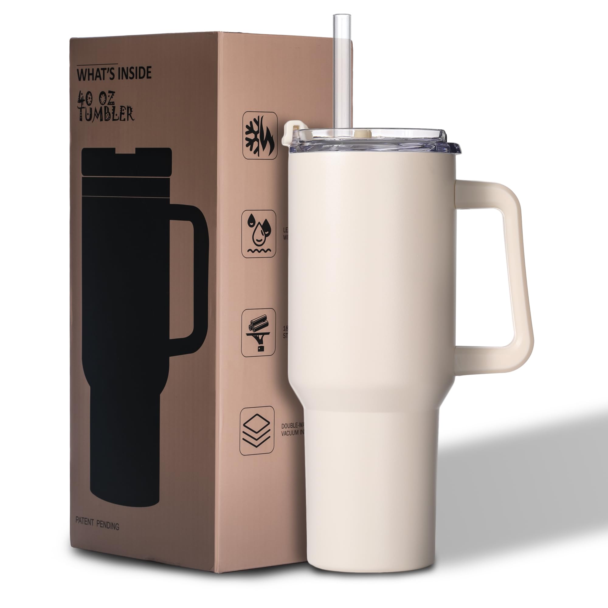 Gome 40 oz Tumbler with Handle Milky white - Stainless Steel Cup with Straw - Insulated Coffee Mug with Lid - Daisy Birthday Gifts for Women - Hand Wash Only