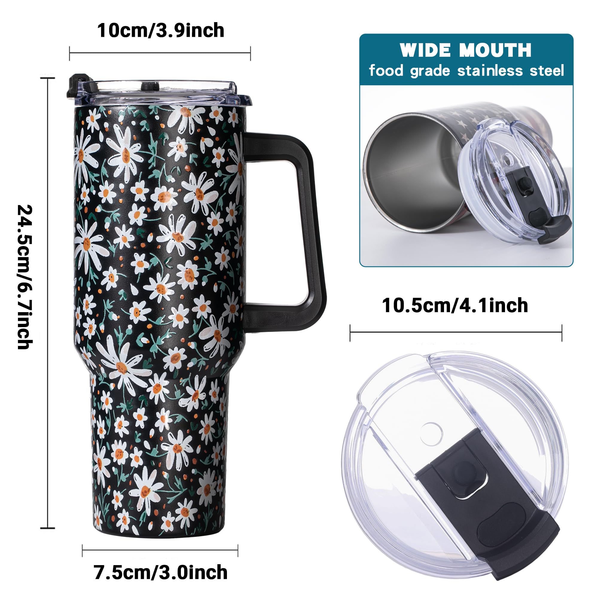 Daisy Gifts for Women – 40oz Insulated Tumbler with Handle & Straw, Floral Stainless Steel Cup, Birthday & Mother’s Day Gift for Mom, Sister, Best Friend, Teacher, Nurse