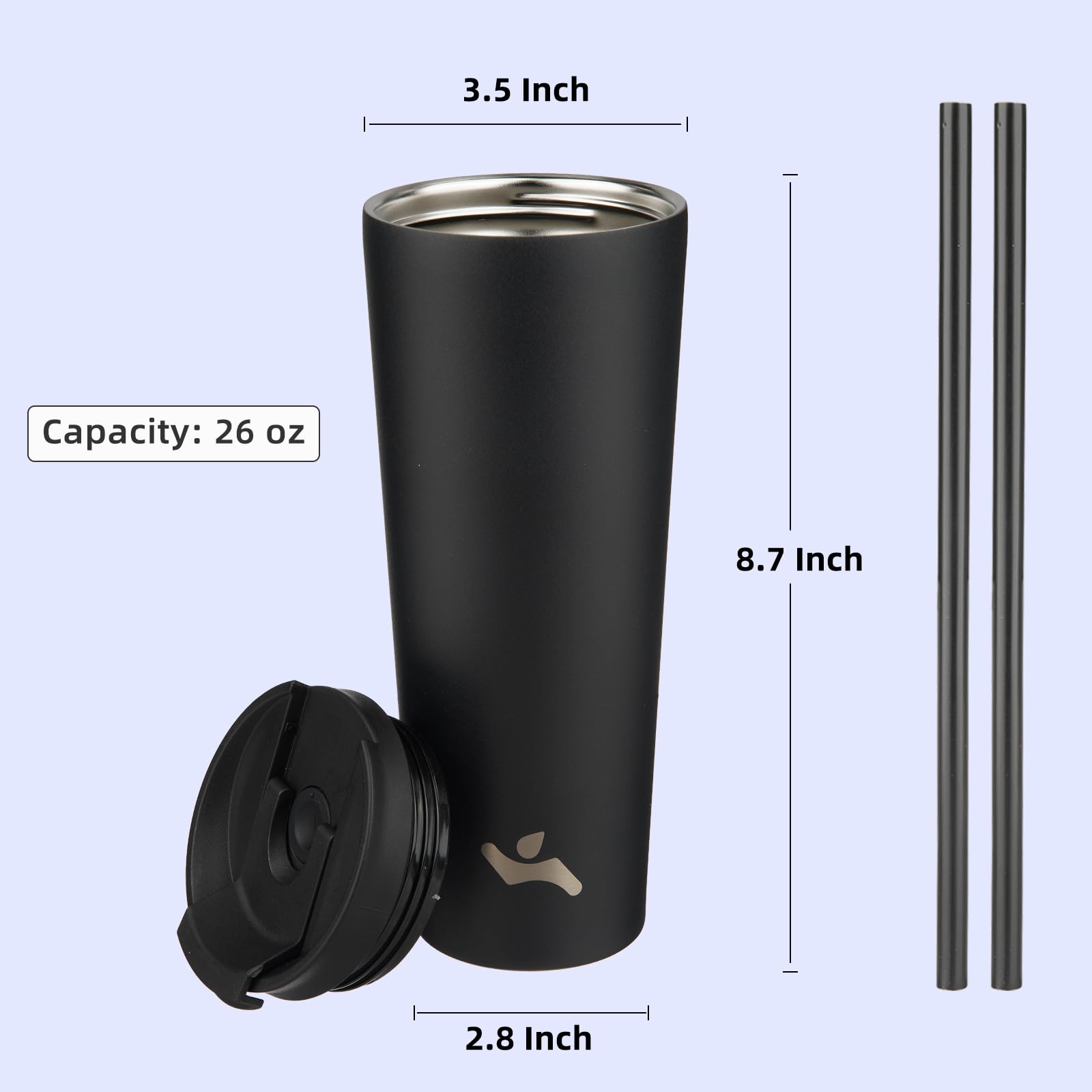 Konokyo 26 OZ Insulated Tumbler with Lid and 2 Straws Stainless Steel Water Bottle Vacuum Travel Mug Coffee Cup,Black