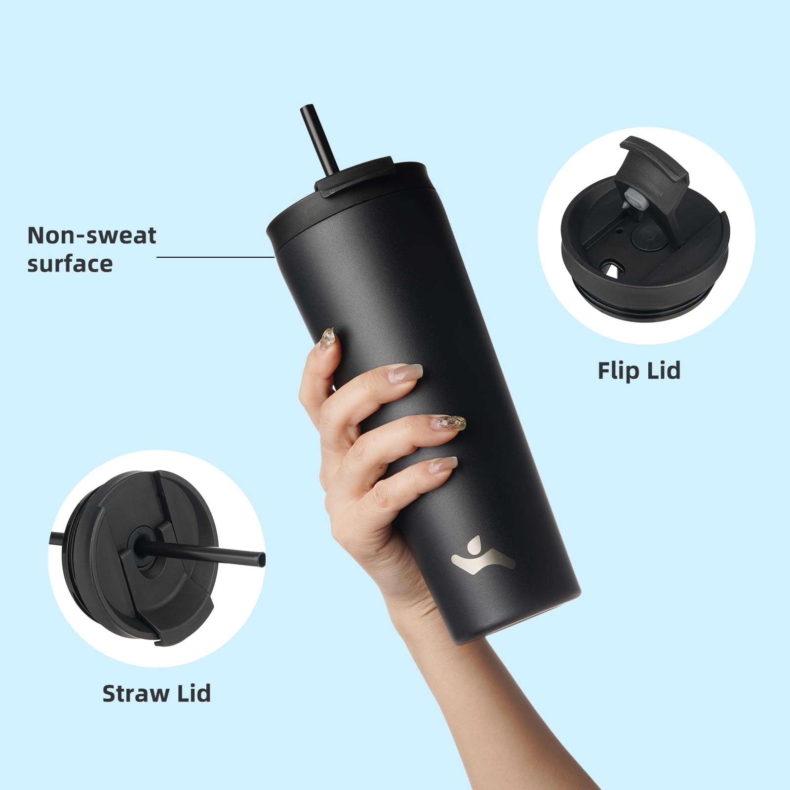 Konokyo 26 OZ Insulated Tumbler with Lid and 2 Straws Stainless Steel Water Bottle Vacuum Travel Mug Coffee Cup,Black
