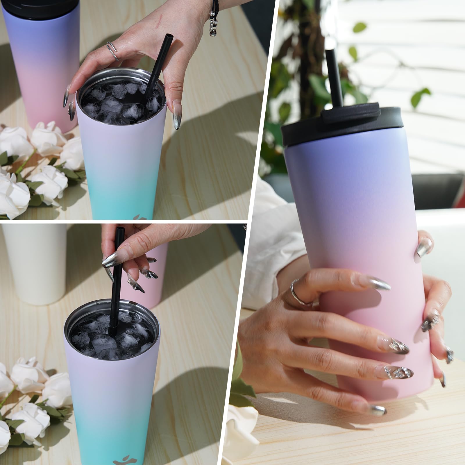 Konokyo 26 OZ Insulated Tumbler with Lid and 2 Straws Stainless Steel Water Bottle Vacuum Travel Mug Coffee Cup,Blue