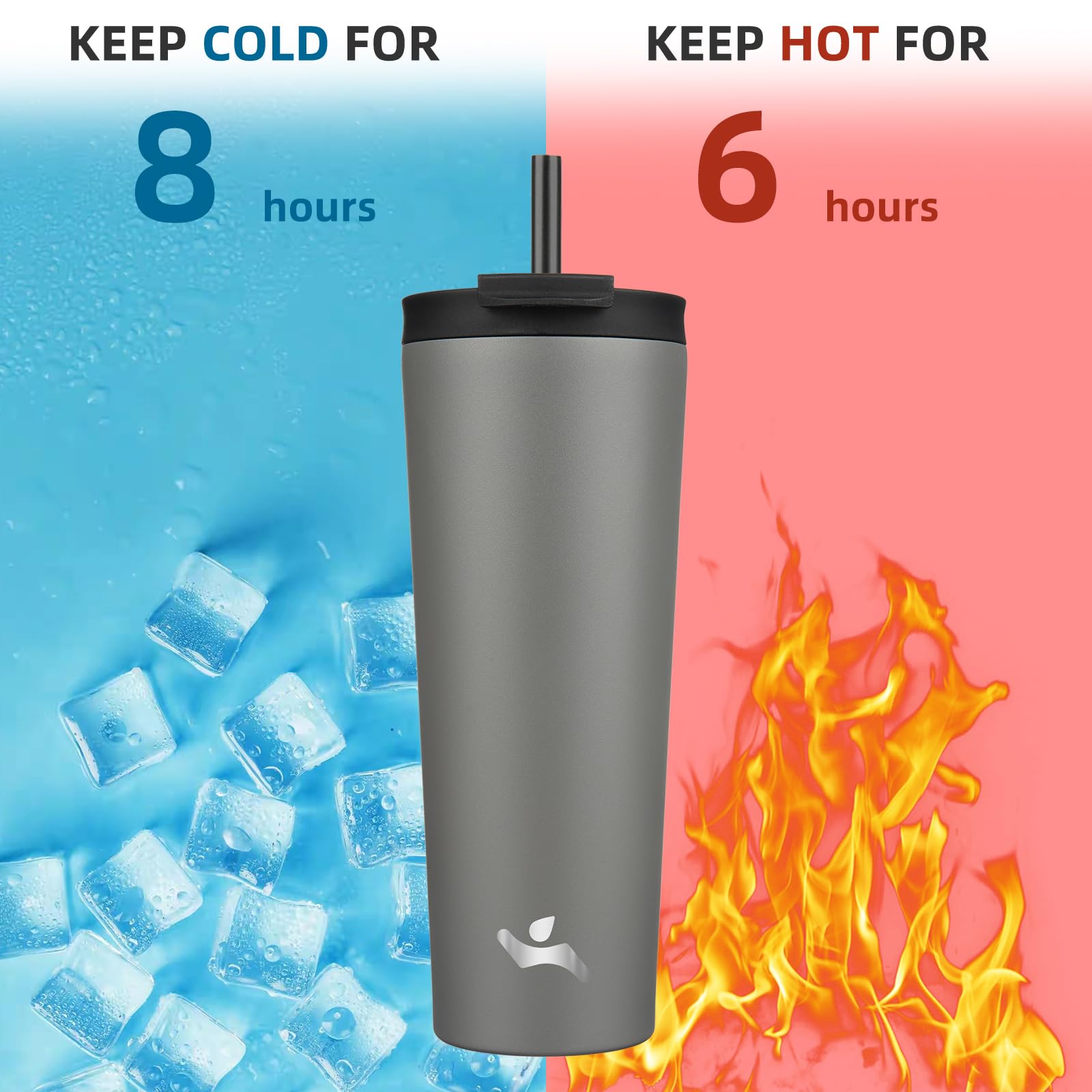 Konokyo 26 OZ Insulated Tumbler with Lid and 2 Straws Stainless Steel Water Bottle Vacuum Travel Mug Coffee Cup,Gray