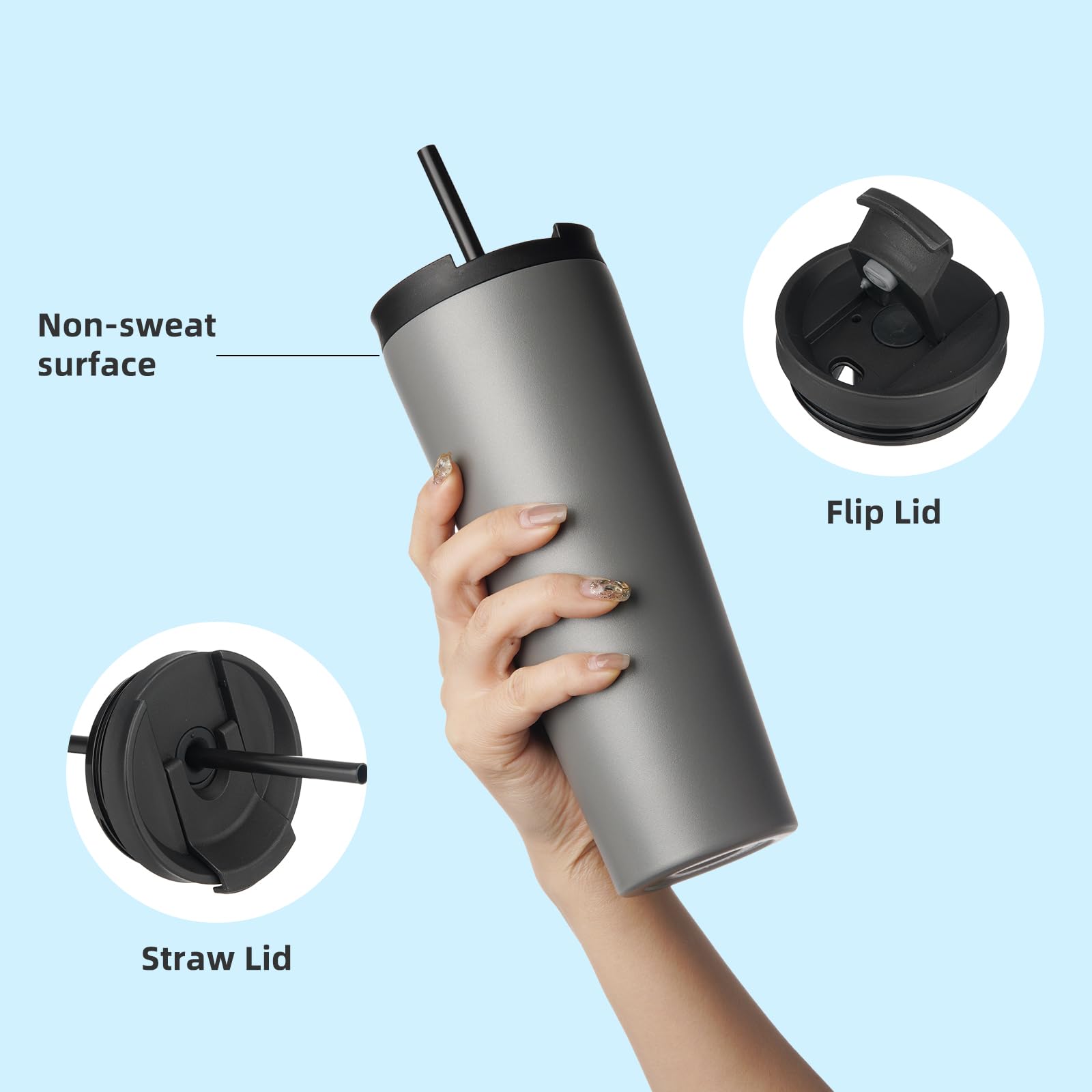 Konokyo 26 OZ Insulated Tumbler with Lid and 2 Straws Stainless Steel Water Bottle Vacuum Travel Mug Coffee Cup,Gray