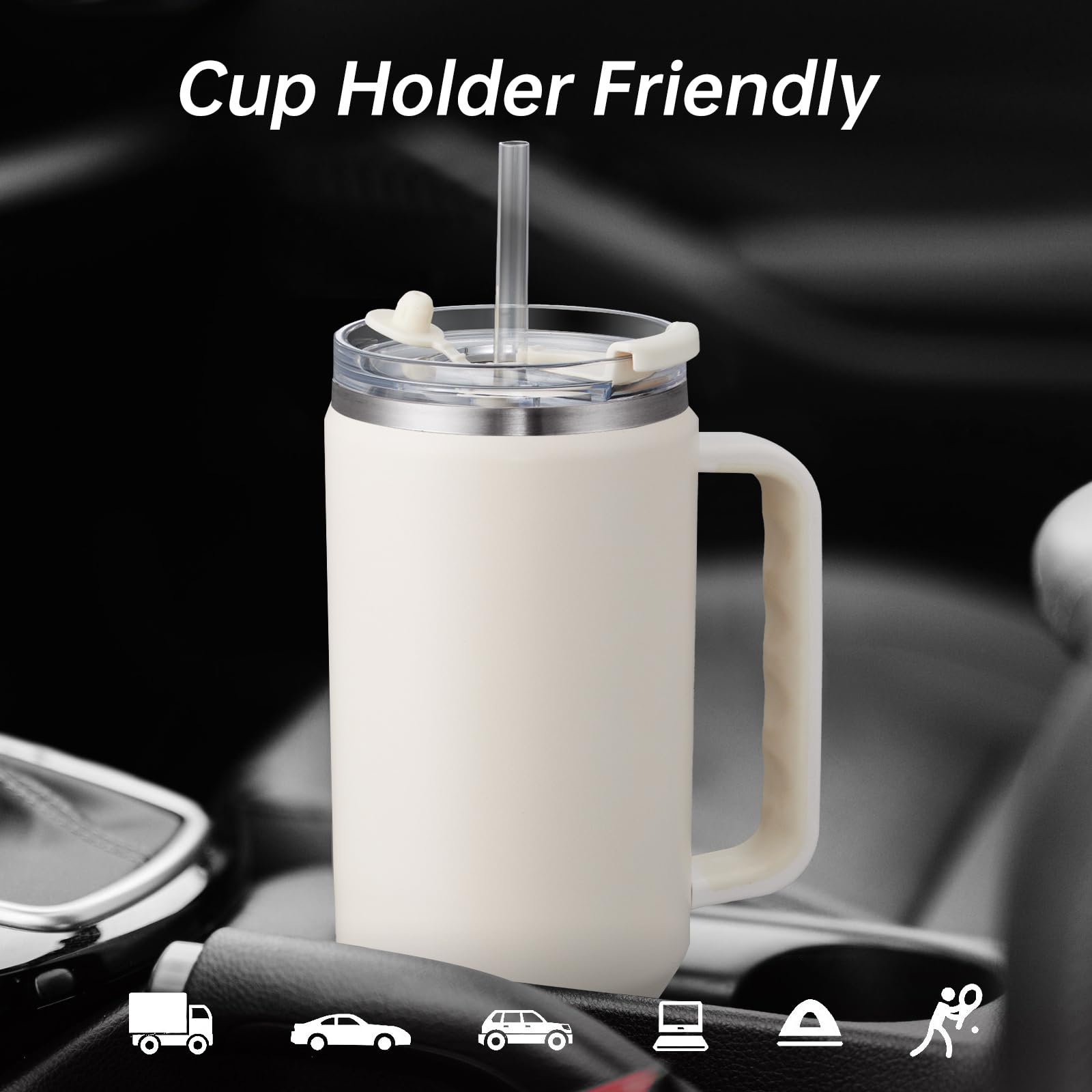 COKTIK50 oz Tumbler With Handle and Straw Lid, Vacuum Insulated Travel Coffee Mug Stainless Steel Insulated Cup for Beverages, Leak-proof, Cupholder Friendly(Beige)