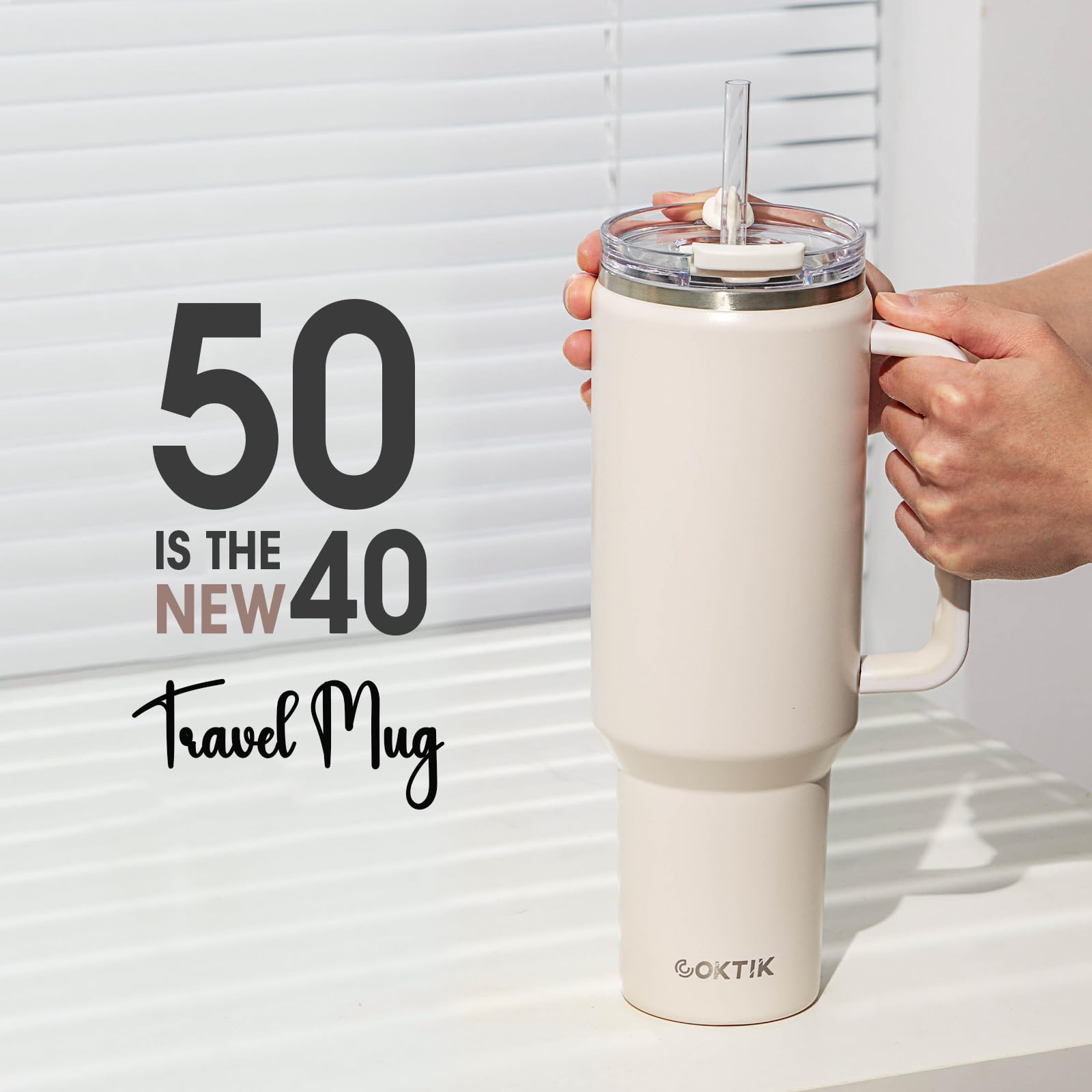 COKTIK50 oz Tumbler With Handle and Straw Lid, Vacuum Insulated Travel Coffee Mug Stainless Steel Insulated Cup for Beverages, Leak-proof, Cupholder Friendly(Beige)