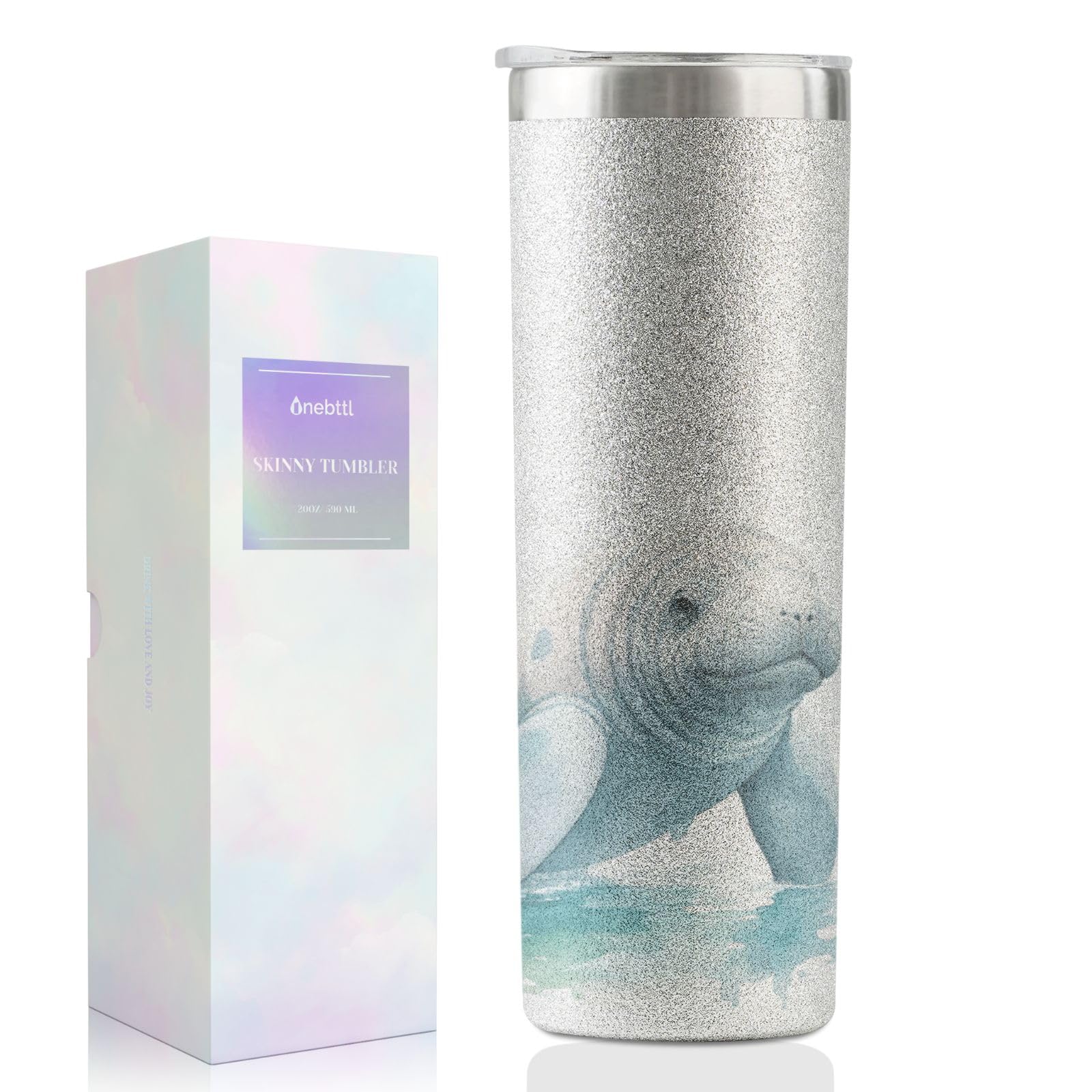 Onebttl Manatee Gifts for Women/Girls, 20 oz Skinny Tumbler with Lid and Straw, Best Gifts for Manatee Sea Animals Lovers on Christmas/Birthday, Gift Box Included, Silver Glitter