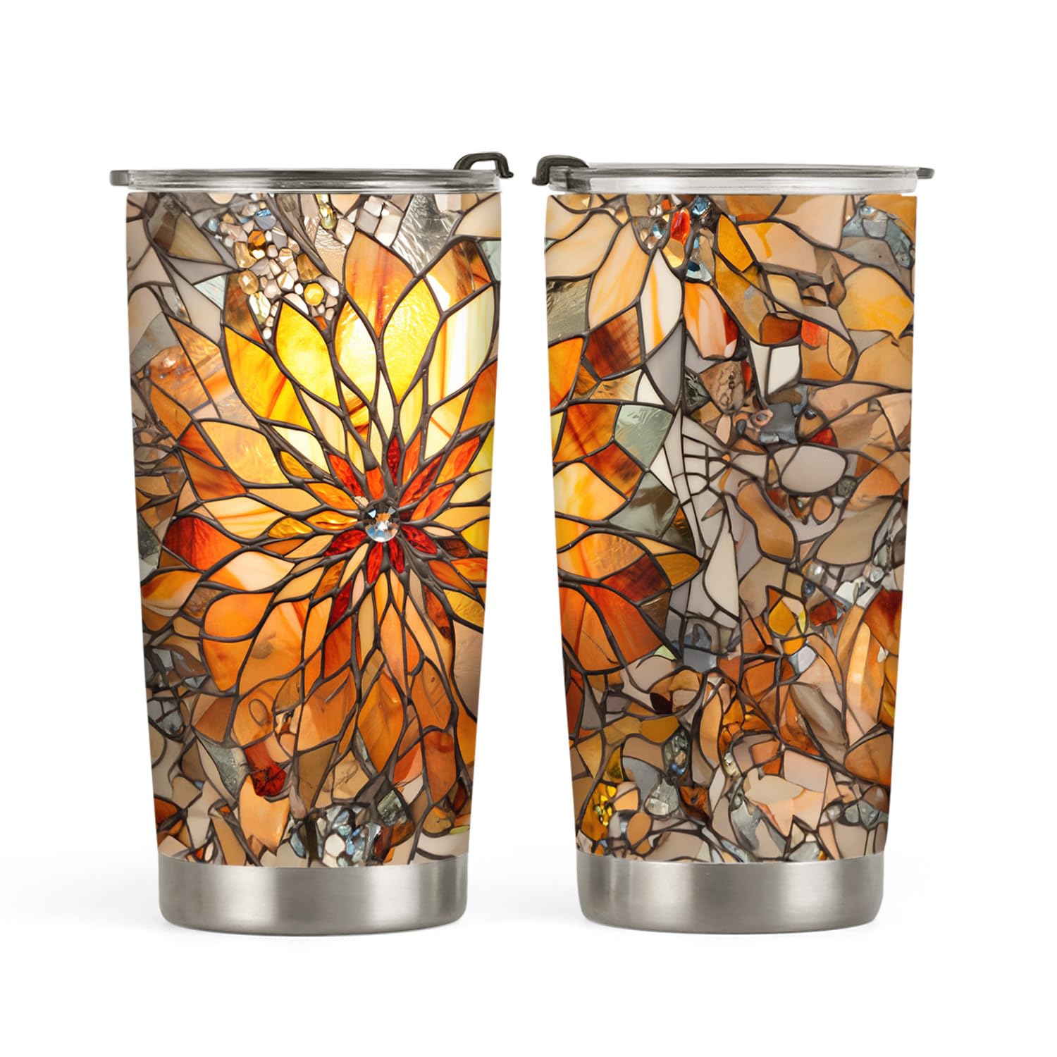 ORCAE 20oz Beautiful Colorful Daisy Flower, Stained Glass Style Flowers, Yellow Flower Tumbler Cup, Insulated Travel Mug with Lid, Coffee Thermos for Men, Women, Gifts for Women - A