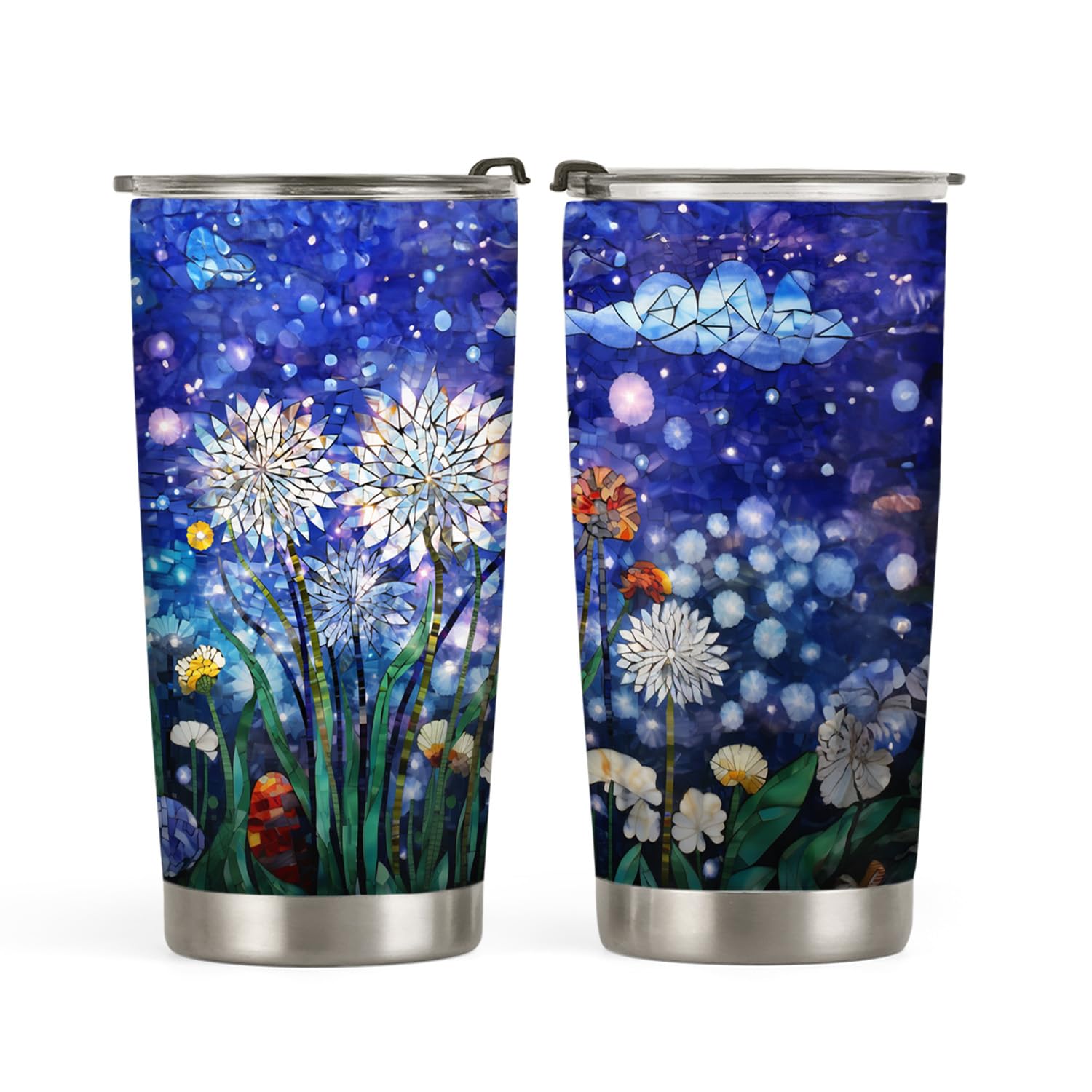 ORCAE 20oz Beautiful Colorful Daisy Flower, Stained Glass Style Flowers, Colorful Dandelion Flower Tumbler Cup, Insulated Travel Mug with Lid, Coffee Thermos for Men, Women, Gifts for Women - AC