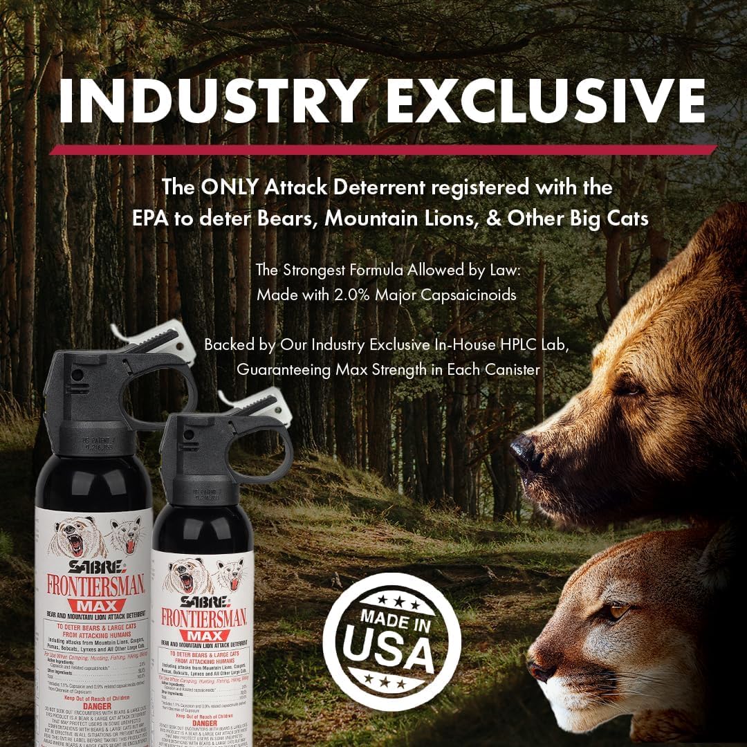 SABRE Frontiersman MAX 7.9 fl oz. Bear & Mountain Lion Attack Deterrent, Up to 40 ft Range, Contains 2% Major Capsaicinoids, Safer for You, Animals & The Environment, Glow-in-The-Dark Safety