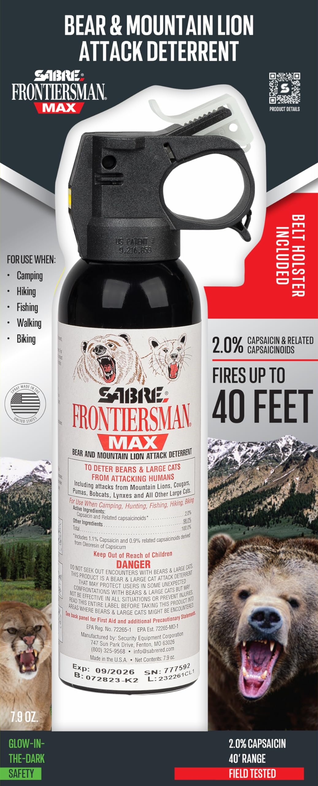 SABRE Frontiersman MAX 7.9 fl oz. Bear & Mountain Lion Attack Deterrent, Up to 40 ft Range, Contains 2% Major Capsaicinoids, Safer for You, Animals & The Environment, Glow-in-The-Dark Safety