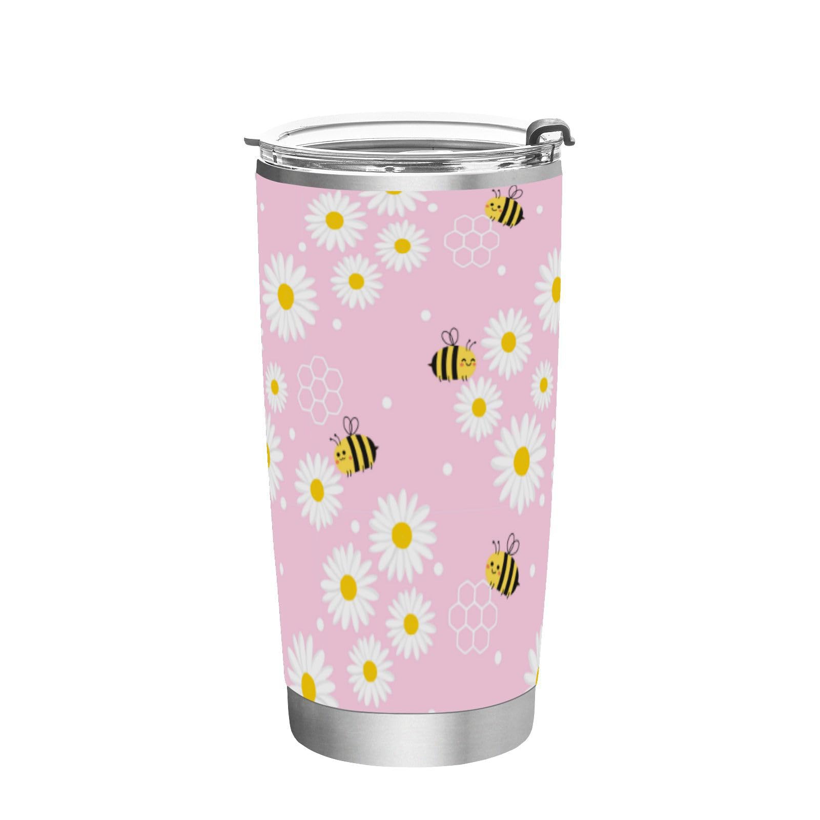 12 Oz Stainless Steel Vacuum Insulated Tumbler Cartoon Cute Bees Daisy Pink Coffee Cup with Lids and Straw Daisy Flower Double Wall Water Travel Mug for Hot and Cold Drinks for Home Office
