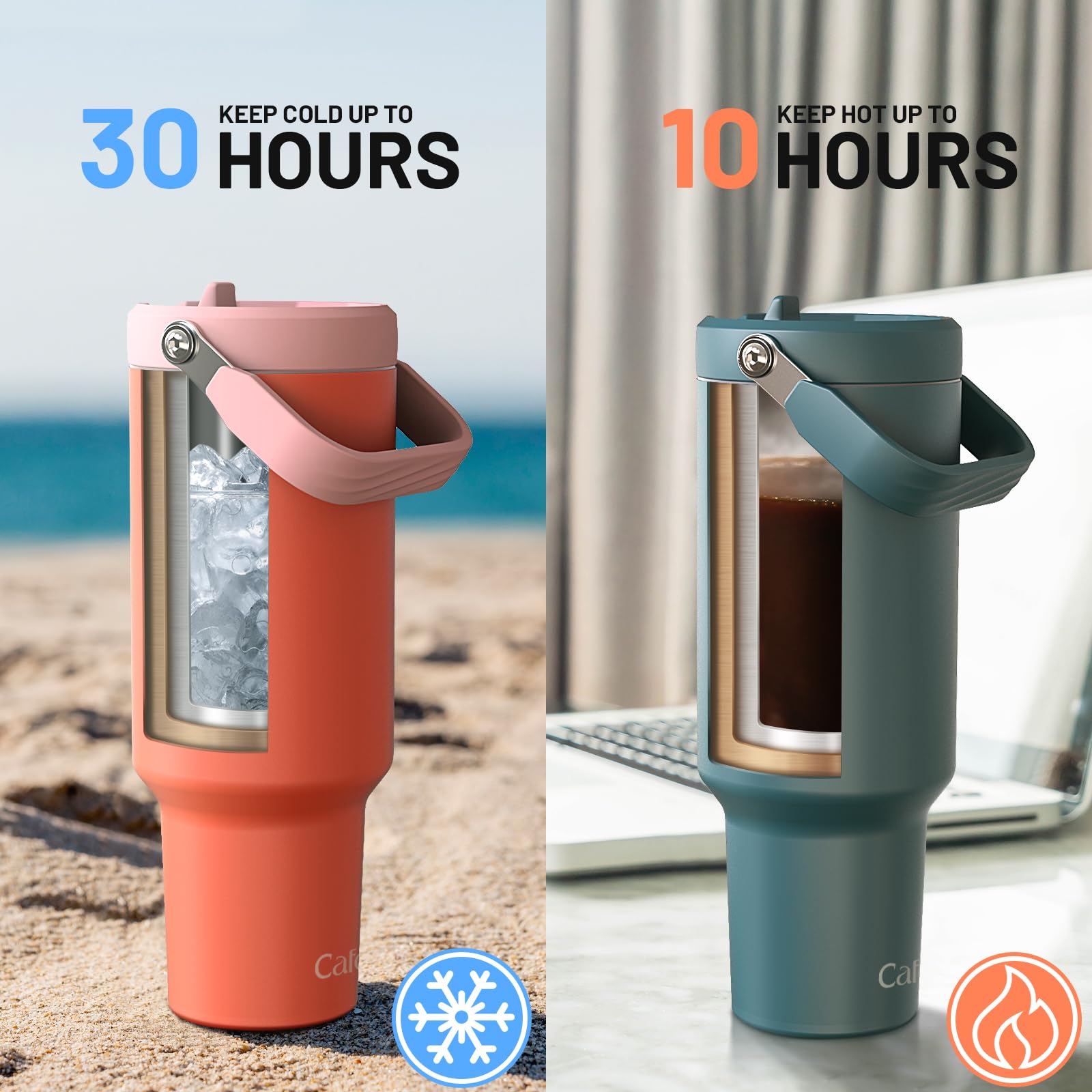 Cafezi 40 oz Tumbler with Handle Flip Straw, Vacuum Insulated Tumblers with Flip Straw and Top Handle, Reusable Insulated Cup for Home, Outdoors, Leakproof, Fits in Cup Holder, Cold for 30 Hours