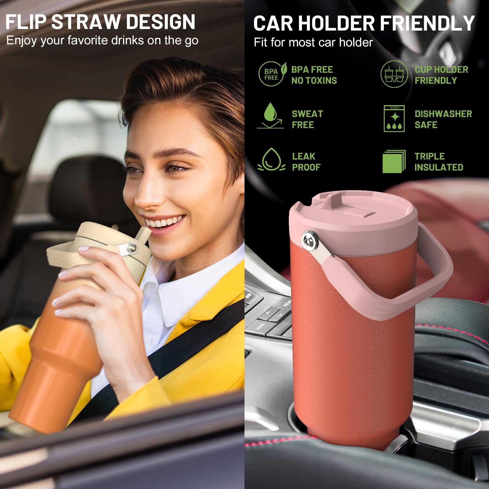 Cafezi 40 oz Tumbler with Handle Flip Straw, Vacuum Insulated Tumblers with Flip Straw and Top Handle, Reusable Insulated Cup for Home, Outdoors, Leakproof, Fits in Cup Holder, Cold for 30 Hours
