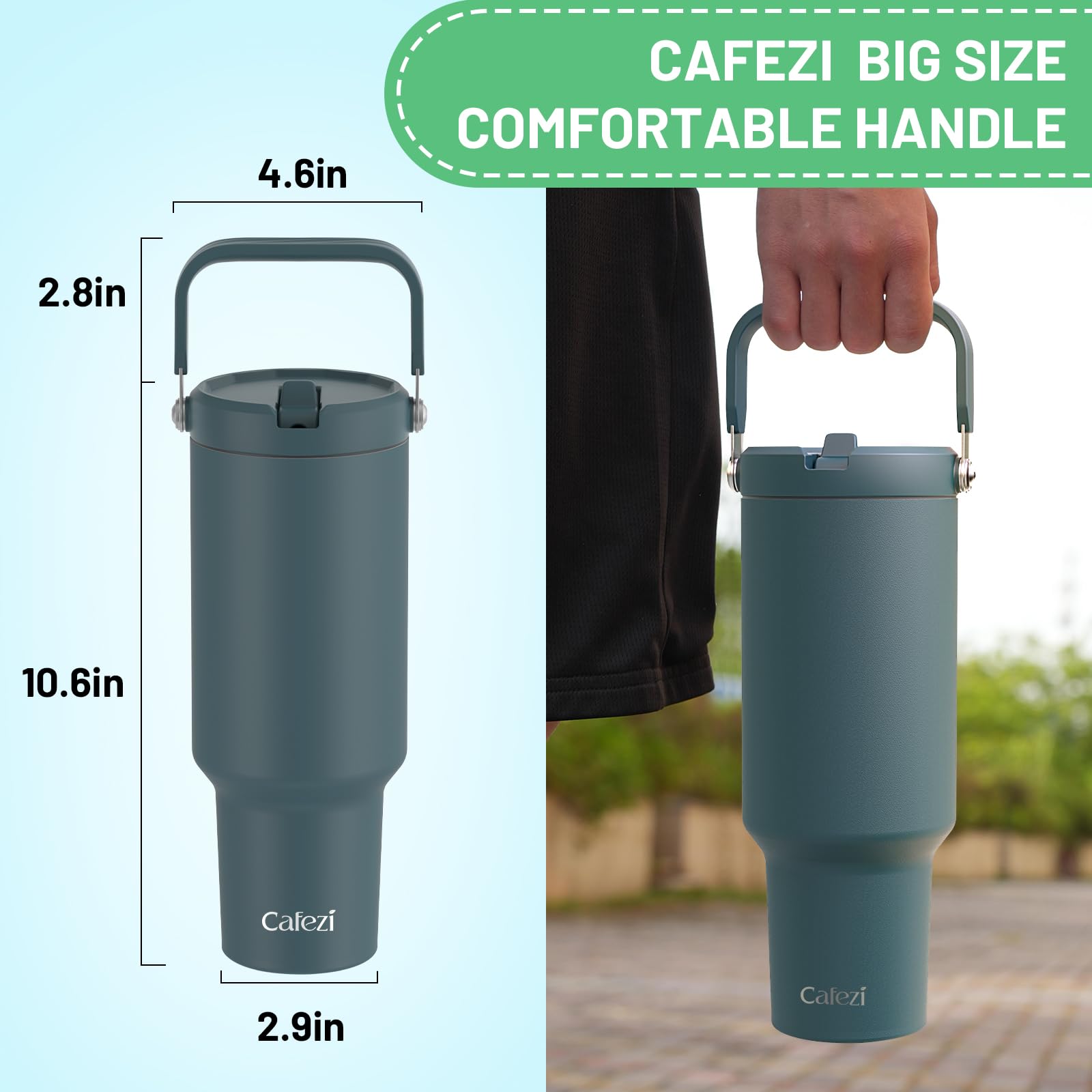 Cafezi 40 oz Tumbler with Handle Flip Straw, Vacuum Insulated Tumblers with Flip Straw and Top Handle, Reusable Insulated Cup for Home, Outdoors, Leakproof, Fits in Cup Holder, Cold for 30 Hours