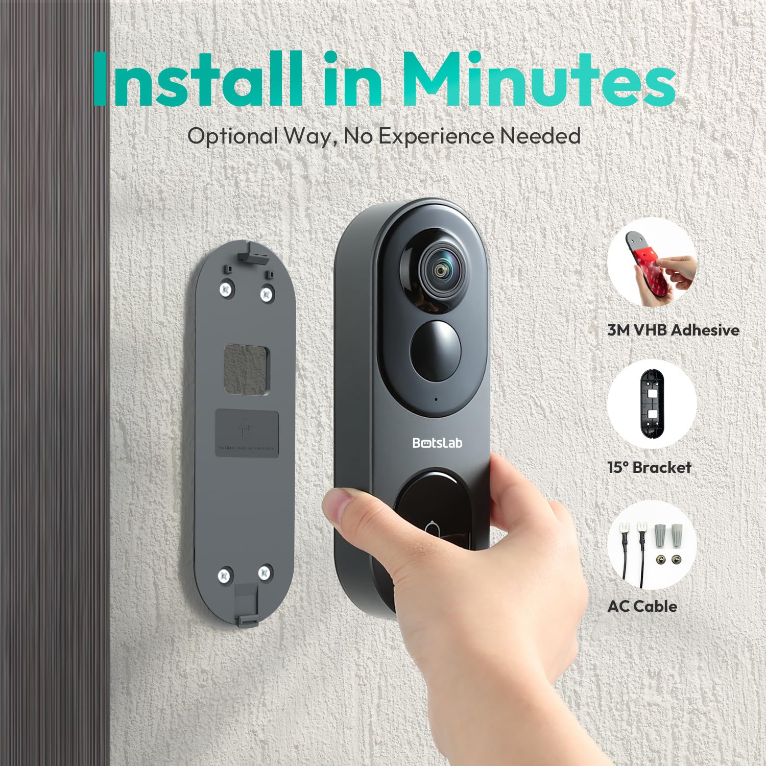 BOTSLAB Video Doorbell Camera,No Monthly Fee,5MP Wireless Doorbell Camera,Head-to-Toe&180° View,Battery Powered,AI&PIR Detection,VR Mode,HDR,2-Way Talk,2.4&5GHz WiFi,Easy to Install