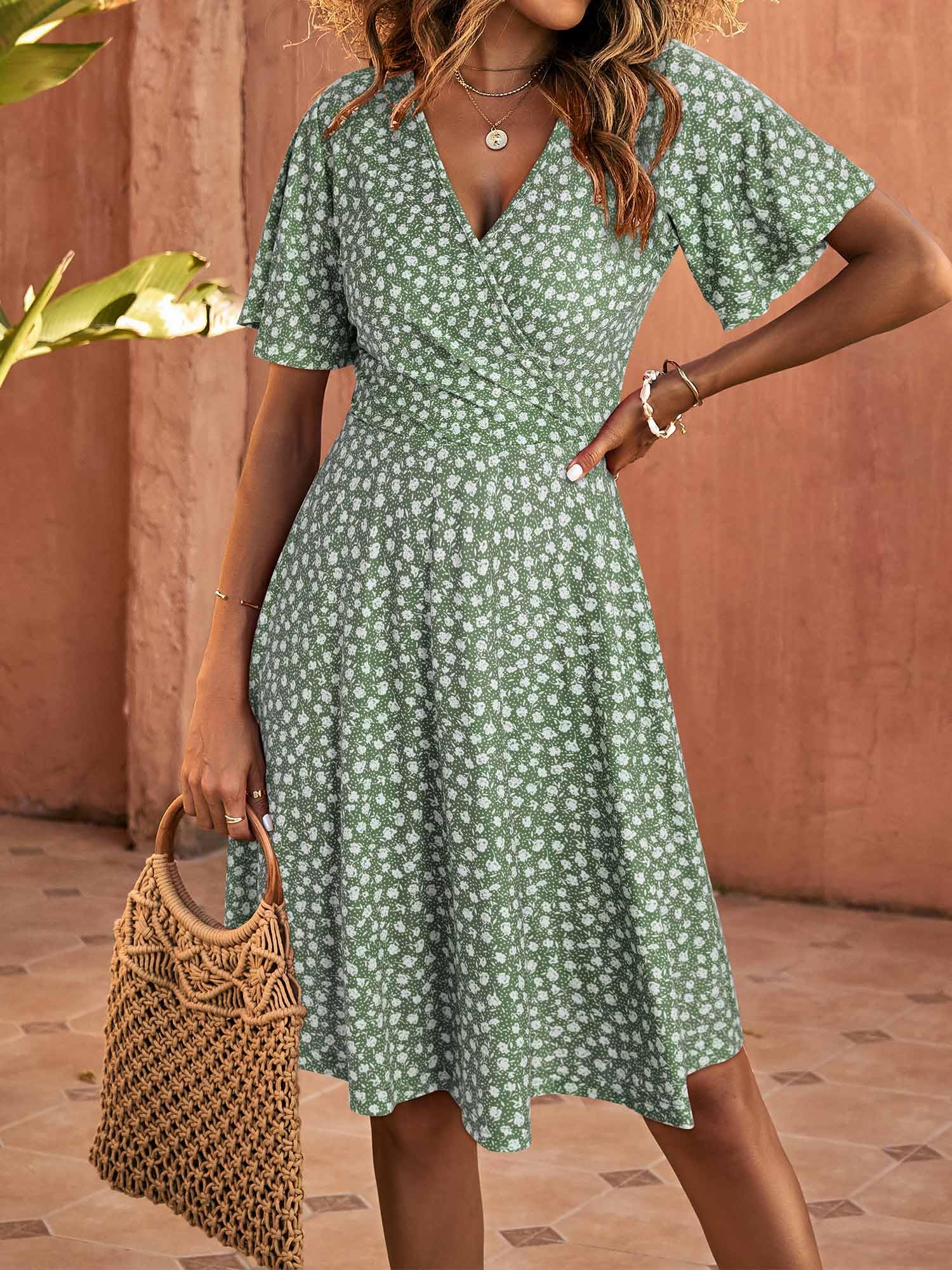 FENSACE Women's Casual Dresses Fit and Flare Green Floral Dress(Floral-32,Large)