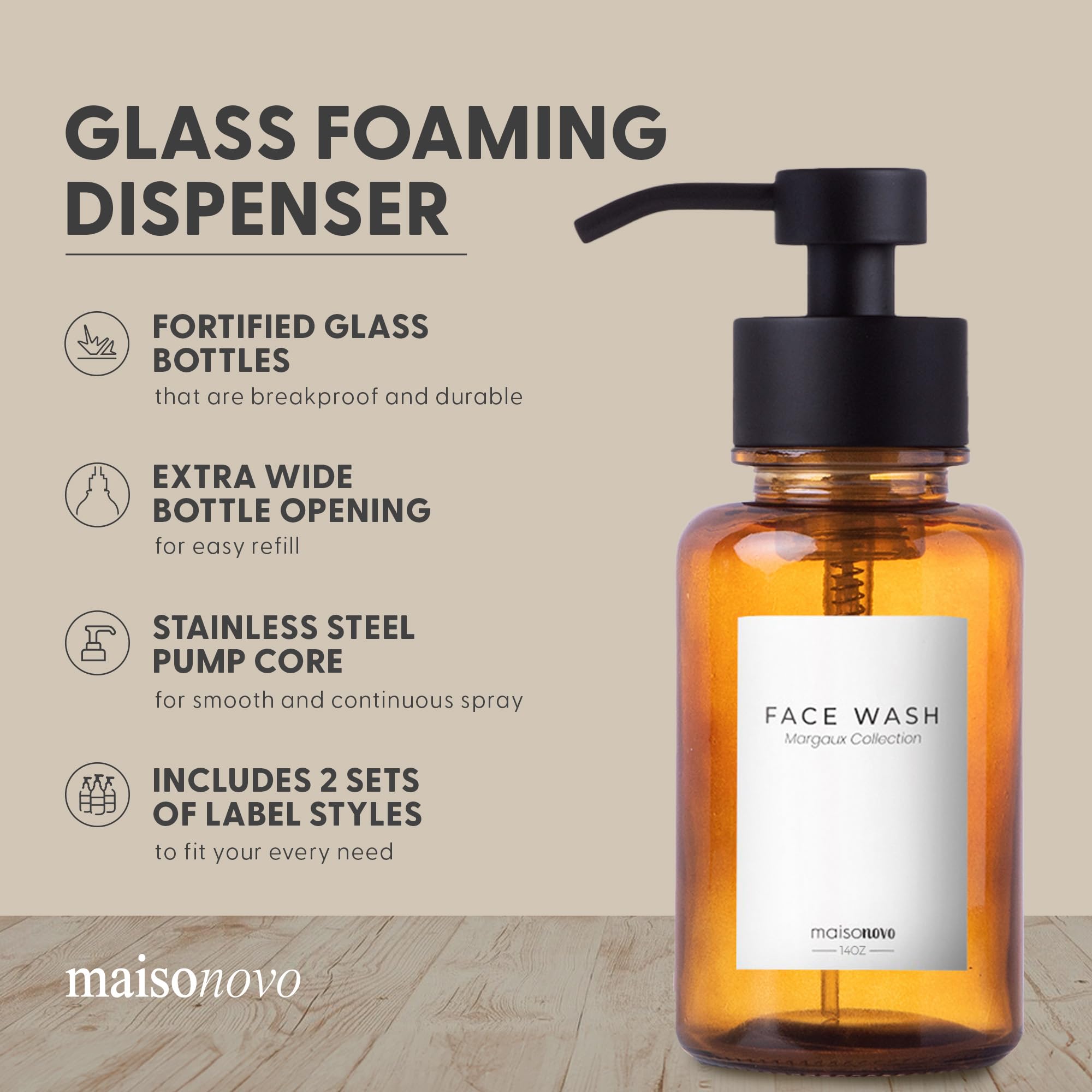 MaisoNovo Foaming Soap Dispenser - Hand Soap Refills for Foaming Dispenser - Amber Bottle 14 oz - 4 Mix Tablets