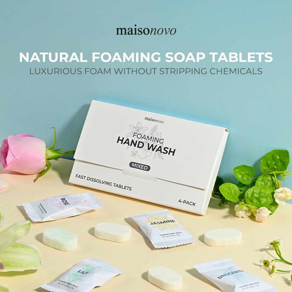 MaisoNovo Foaming Soap Dispenser with Concrete Tray - Hand Soap Refills for Foaming Dispenser - Clear Foaming Dispensers w.Tray 14 oz - 4 Mix Tablets