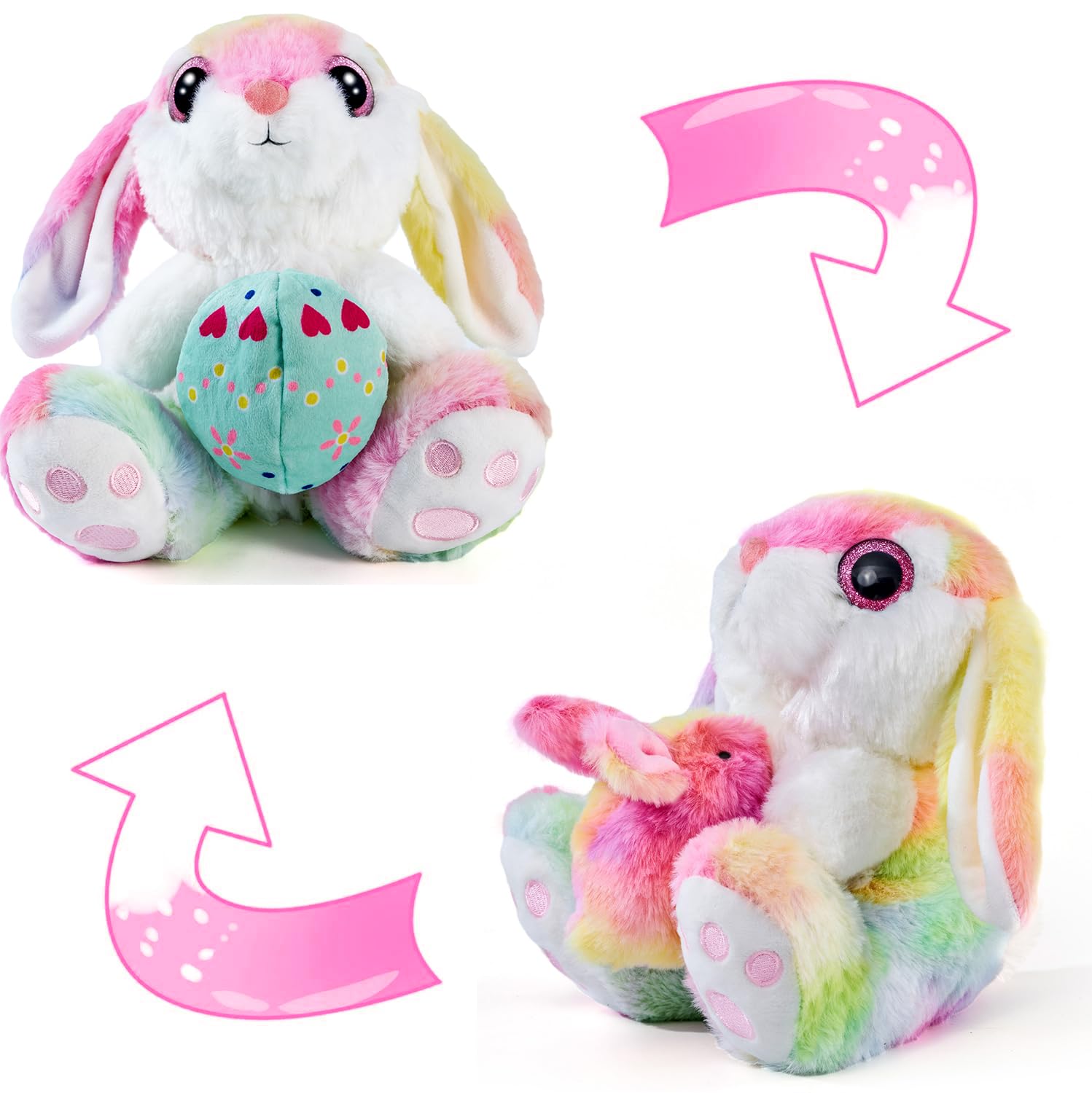 Nleio Easter Stuffed Bunny with Egg(Reversible), 8.5" Plush Rabbit with Floppy Ears, Huggable & Washable Easter Stuffed Animals Cute Bunny Plush Toy for Kids Girls Boys Birthday Easter Gifts (Color)