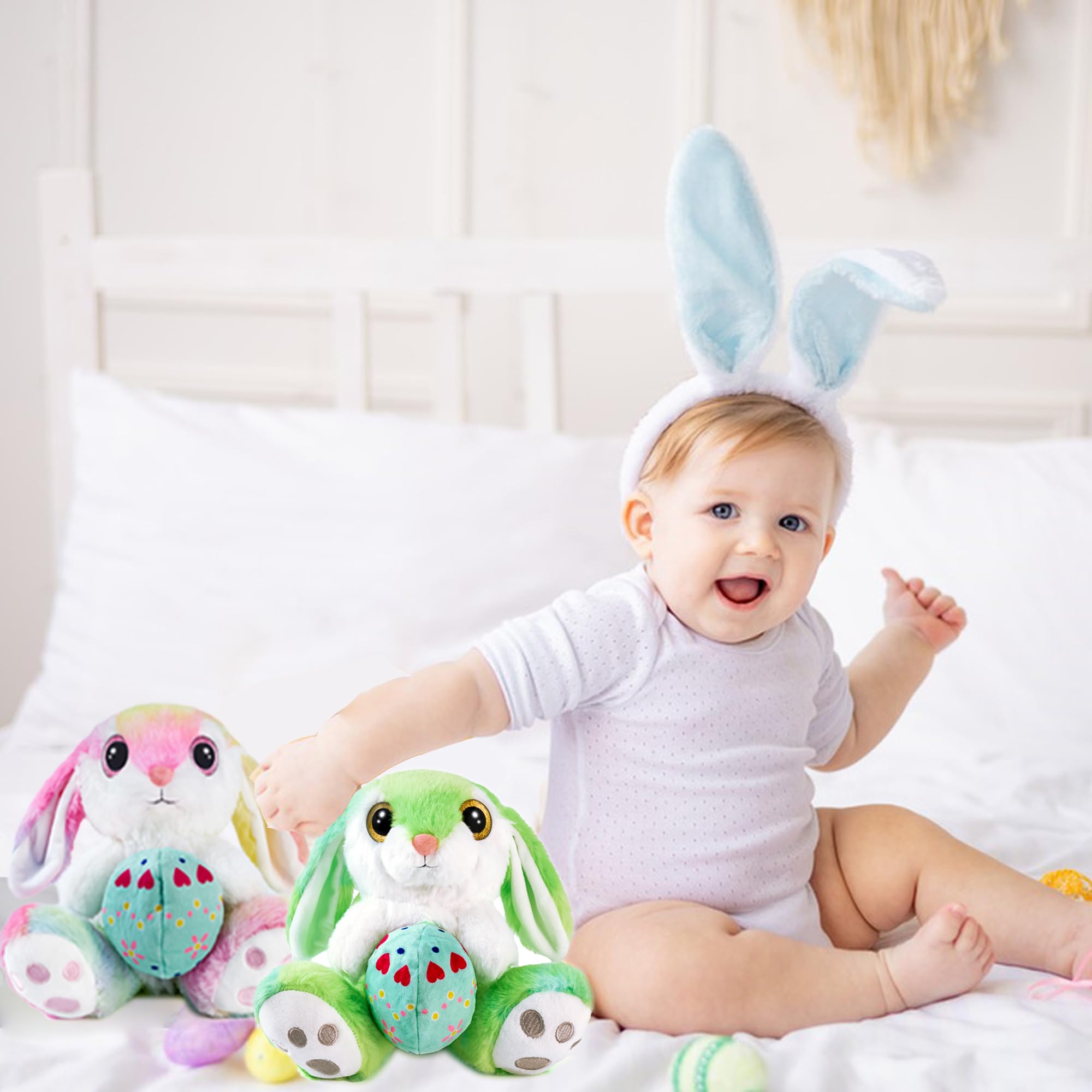 Nleio Easter Stuffed Bunny with Egg(Reversible), 8.5" Plush Rabbit with Floppy Ears, Huggable & Washable Easter Stuffed Animals Cute Bunny Plush Toy for Kids Girls Boys Birthday Easter Gifts (Color)