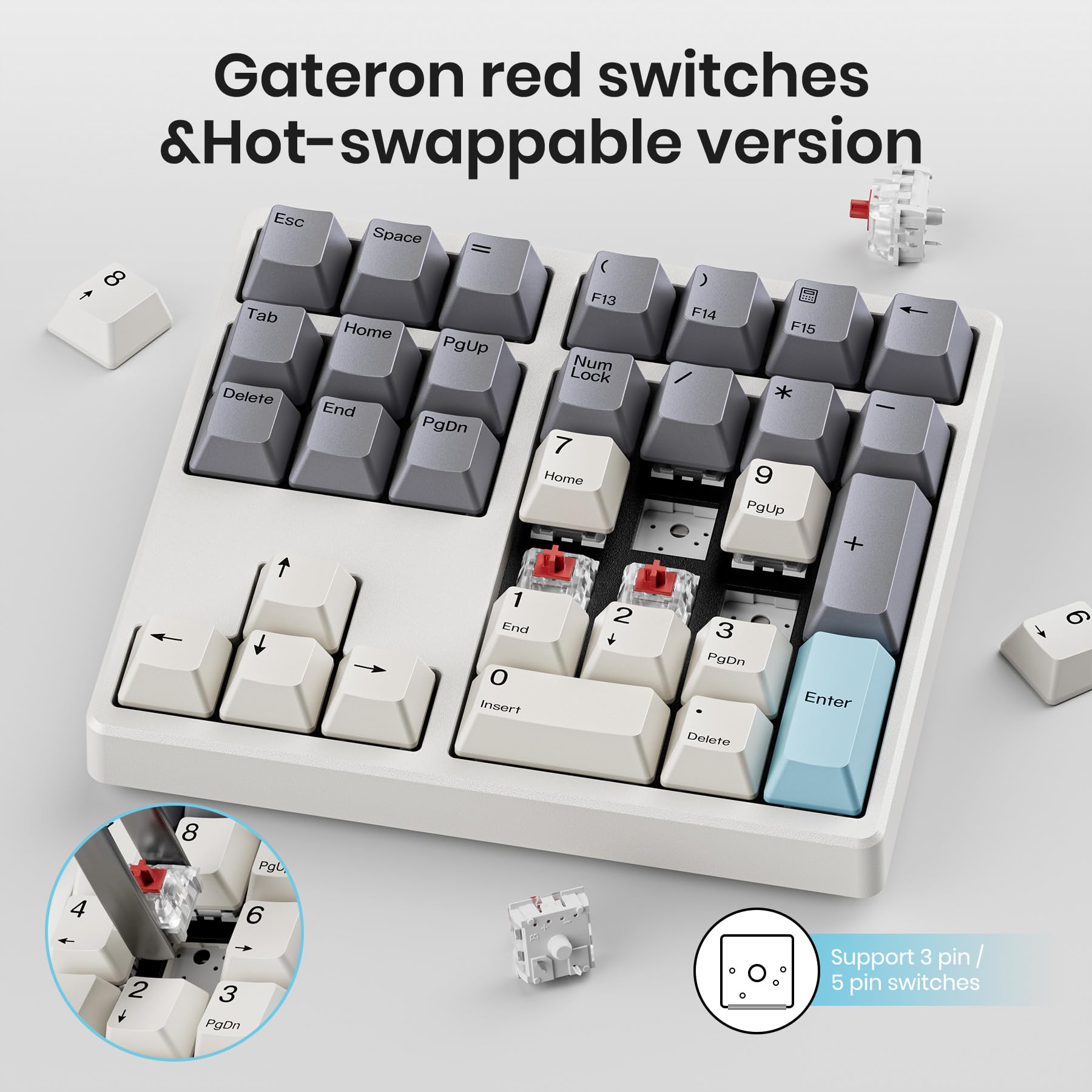 Kisnt Wireless Number Pad, 34 Key 2.4GHz Rechargeable Mechanical Numpad,Gateron Red Switches Hot Swappable Numeric Keypad with PBT Keycaps for Laptop, Mac, PC Desktop