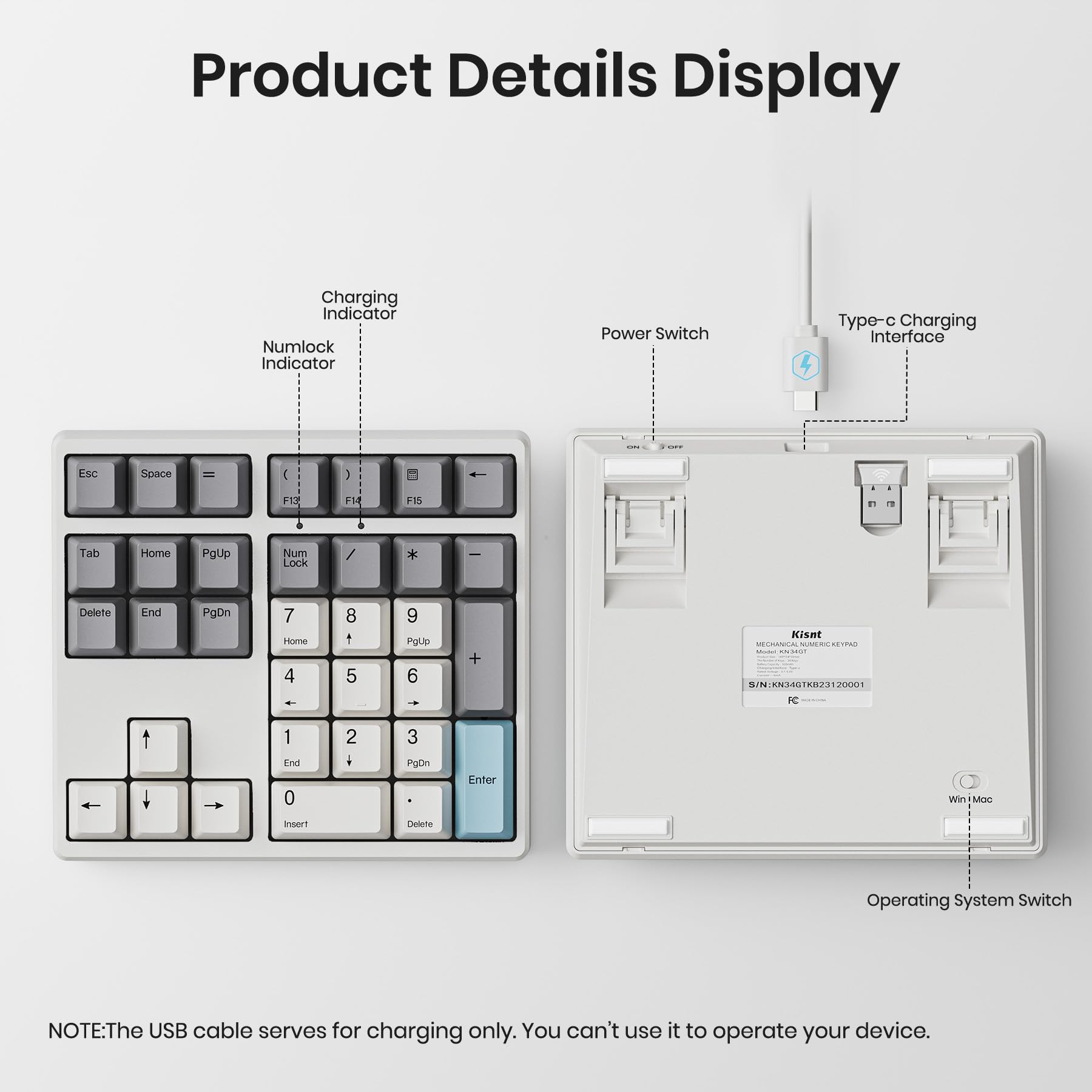 Kisnt Wireless Number Pad, 34 Key 2.4GHz Rechargeable Mechanical Numpad,Gateron Red Switches Hot Swappable Numeric Keypad with PBT Keycaps for Laptop, Mac, PC Desktop