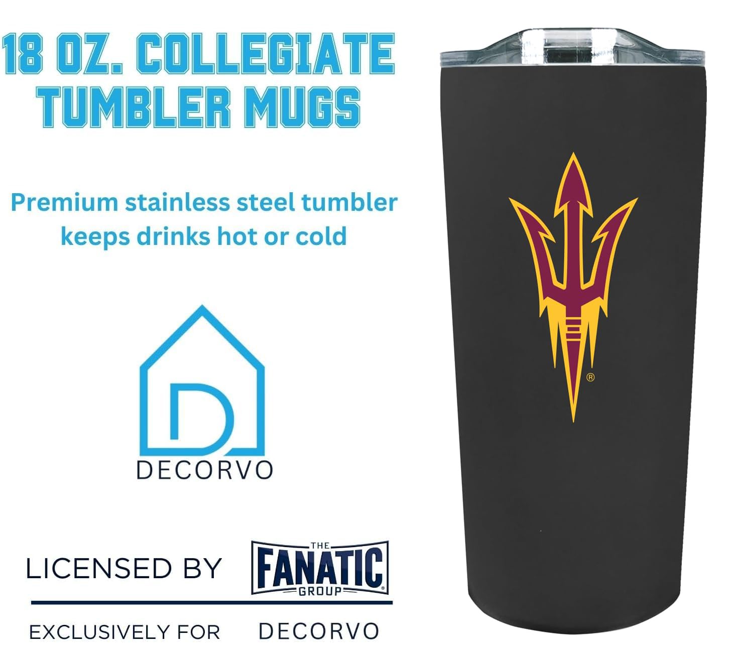 Decorvo Arizona State Sun Devils Tumbler - Black Double Walled Insulated Travel Thermos with Slide Lid - 18 oz