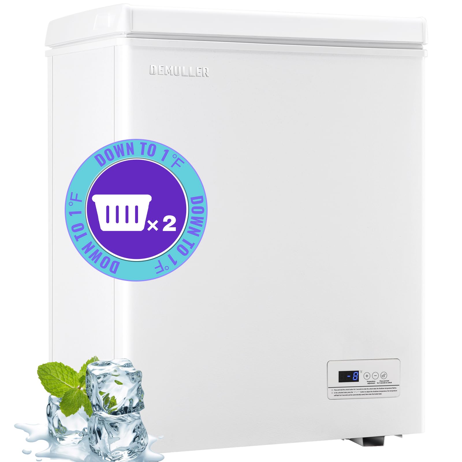 DEMULLER Chest Freezer, Small Deep 4.0 Cubic Feet White Freezing Machine, Compact Top Open Door with Electronic Panel, Temp Range -12 ℉ to 50 ℉, Two Storage Wire Baskets, Manual Defrost