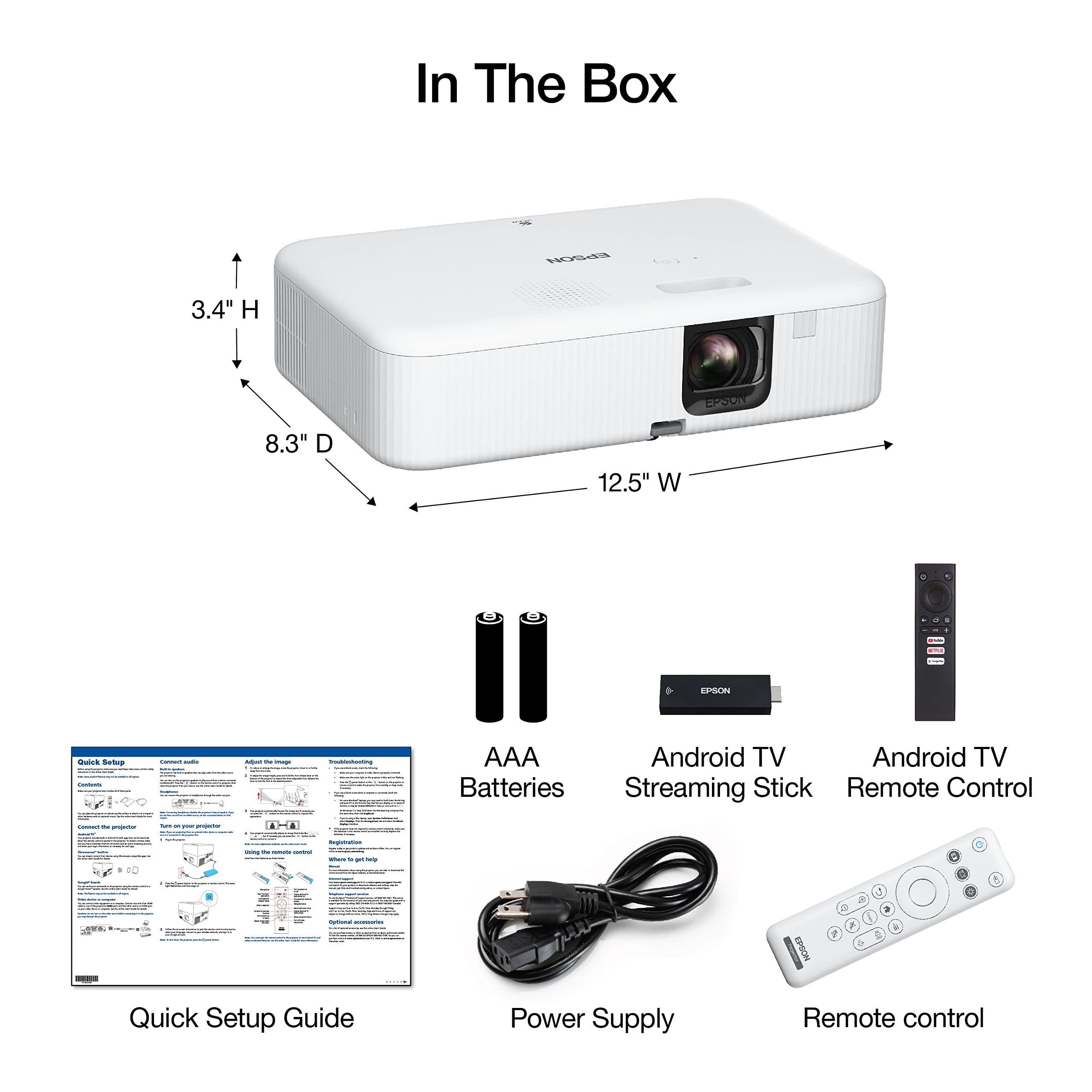 Epson EpiqVision Flex CO-FH02 Full HD 1080p Smart Streaming Portable Projector, 3-Chip 3LCD, 3,000 Lumen Color/White Brightness, Android TV, Bluetooth, 5W Speaker, Home Entertainment (Renewed)