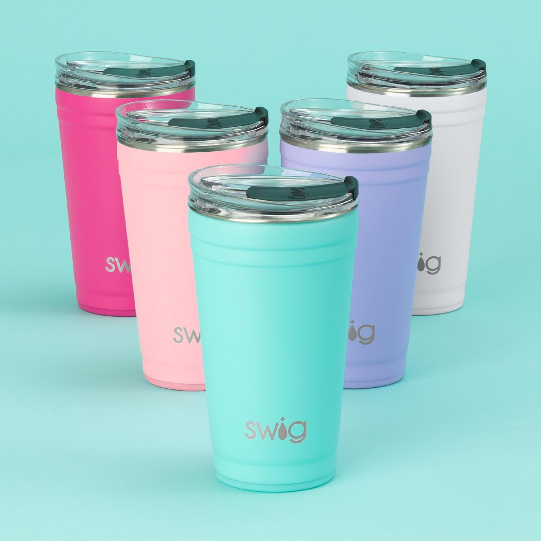 Swig Life 24oz Party Cup, Stackable Insulated Travel Coffee Tumbler with EZ Slider Lid, Cup Holder Friendly Travel Thermos, Stainless Steel 24 oz Tumbler, Reusable Coffee Mug (Hydrangea)