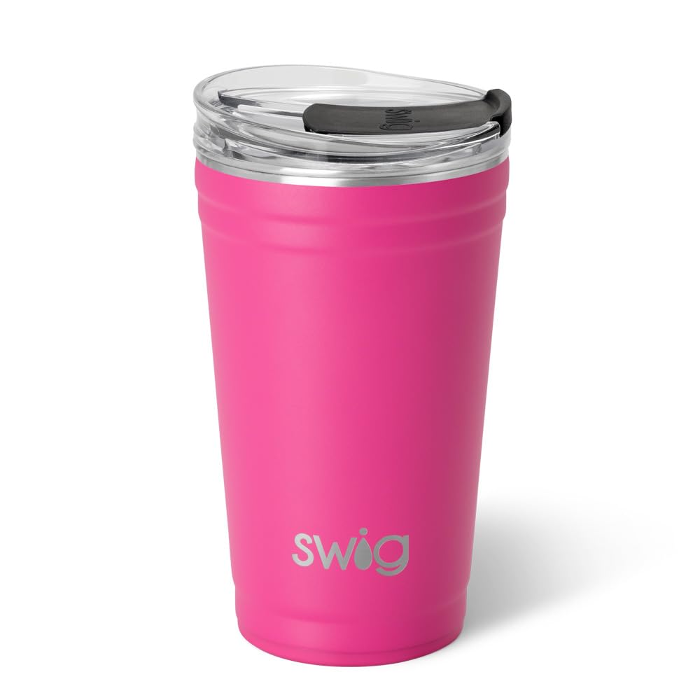 Swig Life 24oz Party Cup, Stackable Insulated Travel Coffee Tumbler with EZ Slider Lid, Cup Holder Friendly Travel Thermos, Stainless Steel 24 oz Tumbler, Reusable Coffee Mug (Hot Pink)