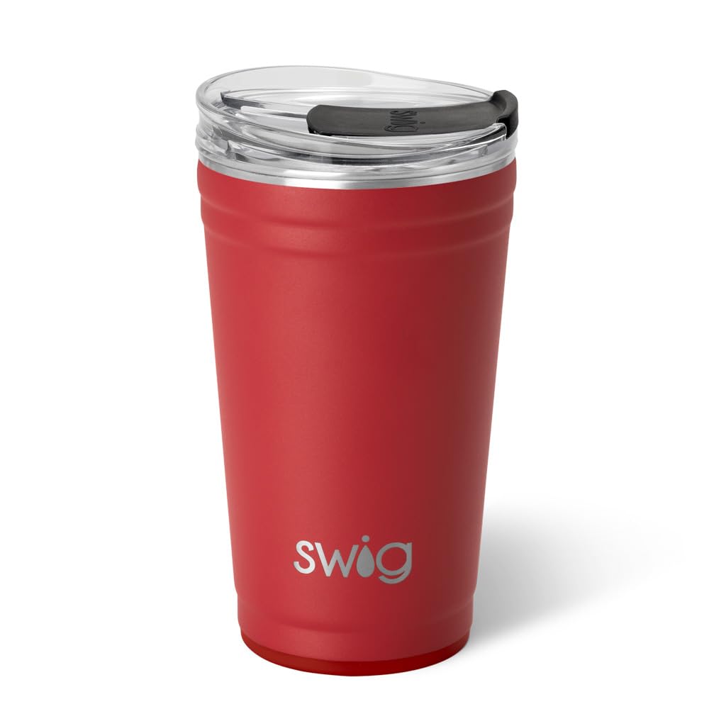 Swig Life 24oz Party Cup, Stackable Insulated Travel Coffee Tumbler with EZ Slider Lid, Cup Holder Friendly Travel Thermos, Stainless Steel 24 oz Tumbler, Reusable Coffee Mug (Crimson)