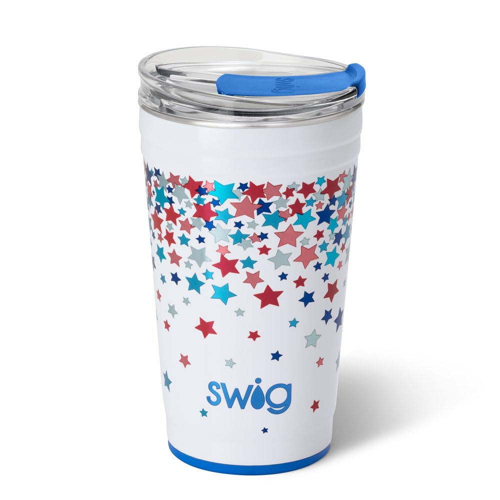 Swig Life 24oz Party Cup, Stackable Insulated Travel Coffee Tumbler with EZ Slider Lid, Cup Holder Friendly Travel Thermos, Stainless Steel 24 oz Tumbler, Reusable Coffee Mug (Star Spangled)