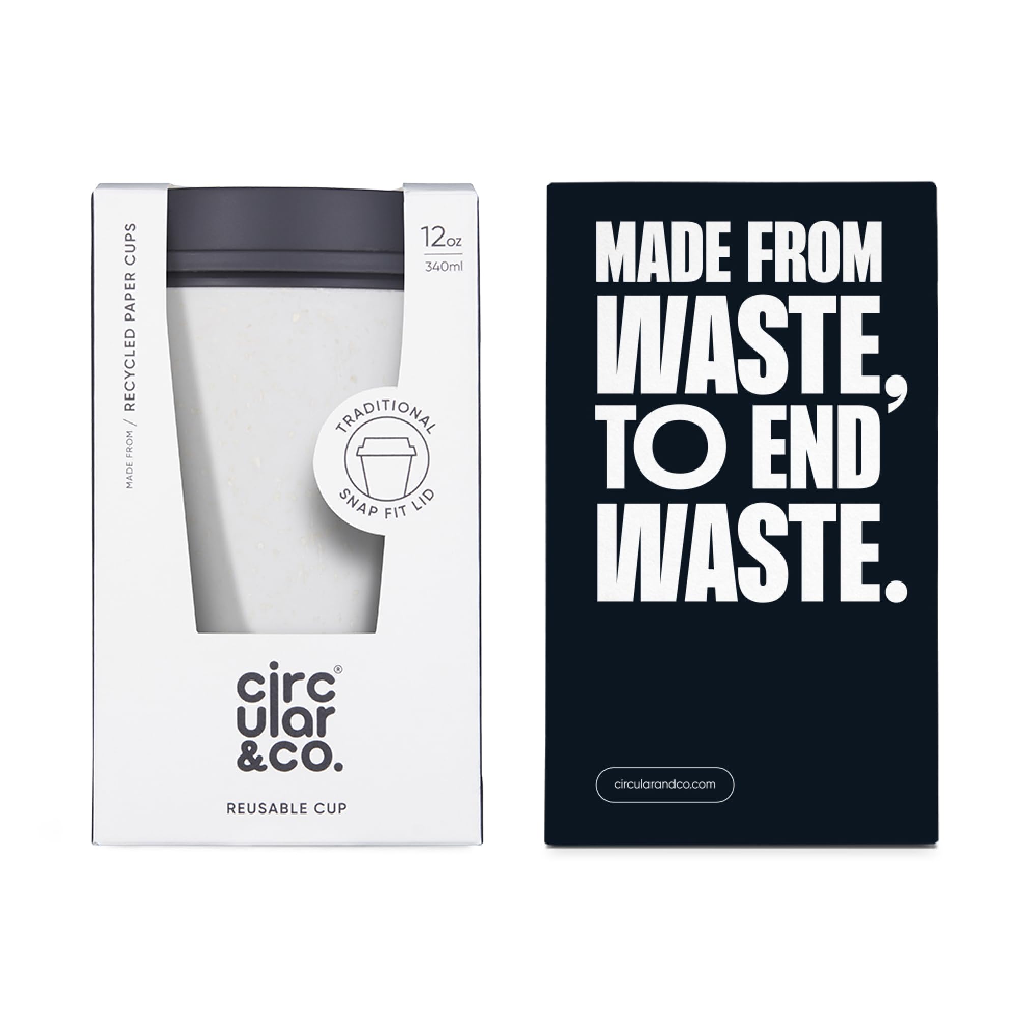 Circular and Co Reusable Now Coffee Cup - World's First Cup Made from Recycled Cups - Traditional Design - Sustainable, Insulated - 340ml/12oz (Chalk, Storm Grey)