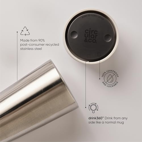 Circular & Co Stainless Steel Coffee Cup - 12oz - Insulated Reusable Travel Mug - Made from Recycled Stainless Steel - 100% Leakproof Coffee Mug - Fully Lockable - Insulated for 6 Hours