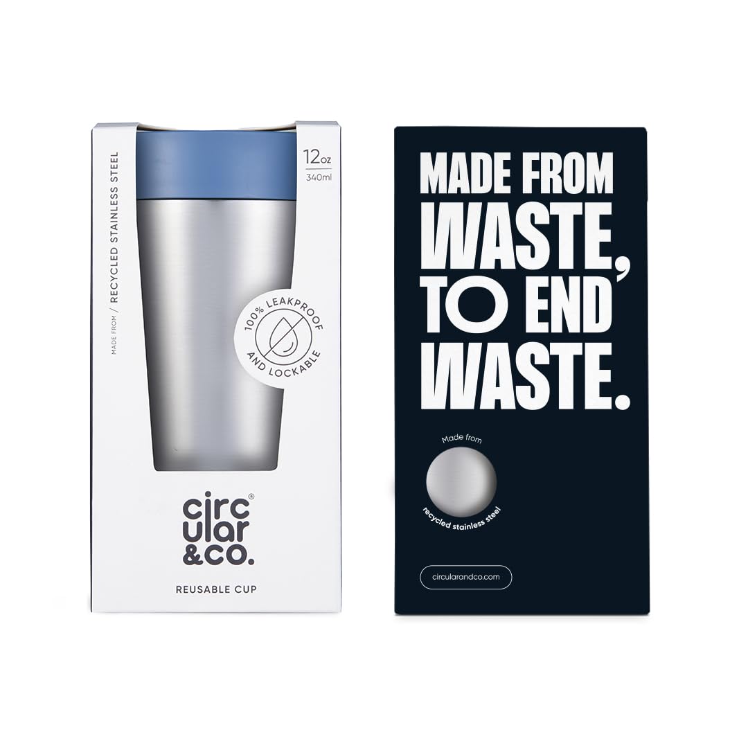 Circular & Co Stainless Steel Coffee Cup - 12oz - Insulated Reusable Travel Mug - Made from Recycled Stainless Steel - 100% Leakproof Coffee Mug - Fully Lockable - Insulated for 6 Hours