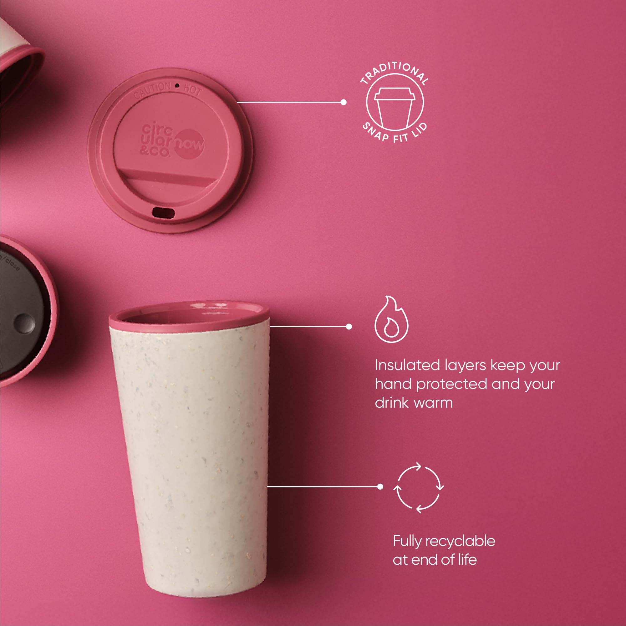 Circular and Co Reusable Now Coffee Cup - World's First Cup Made from Recycled Cups - Traditional Design - Sustainable, Insulated - 340ml/12oz (Chalk, Lotus Pink)