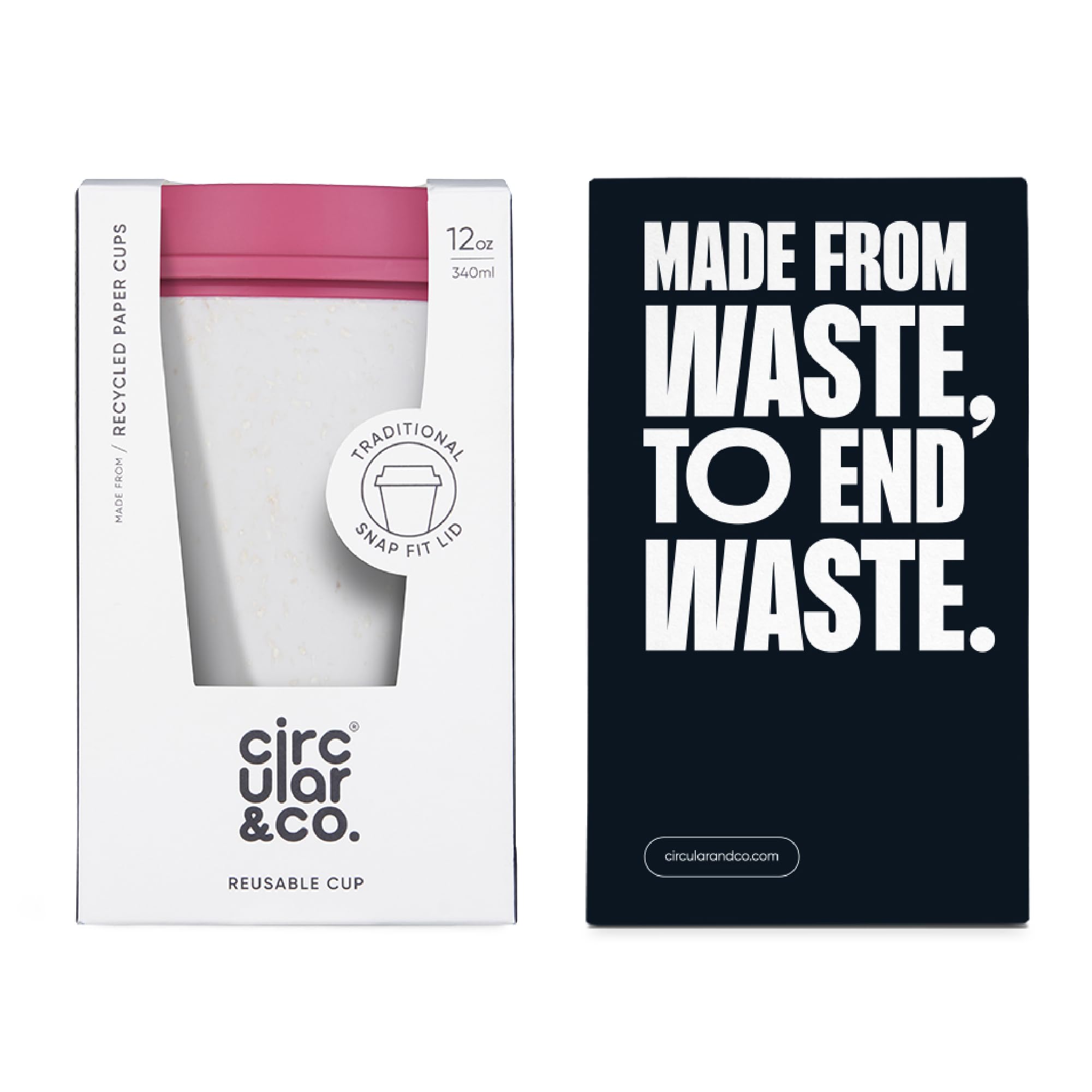 Circular and Co Reusable Now Coffee Cup - World's First Cup Made from Recycled Cups - Traditional Design - Sustainable, Insulated - 340ml/12oz (Chalk, Lotus Pink)