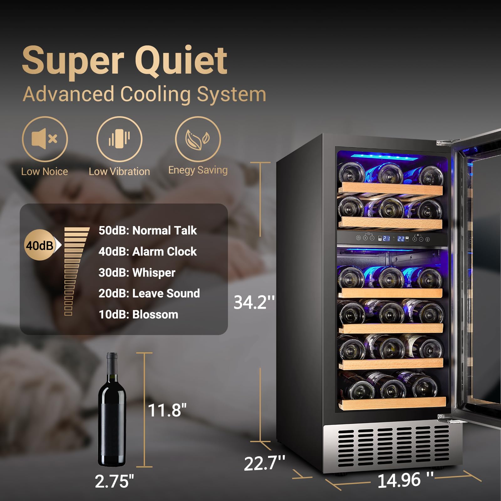 AAOBOSI 28 Bottles Wine Fridge, 15 Inch Dual Zone Wine Cooler with 6 Adjustable Shelves and Safety Lock, Digital Touch Screen, Low Noise Compressor Wine Refrigerator, Temperature Memory Function