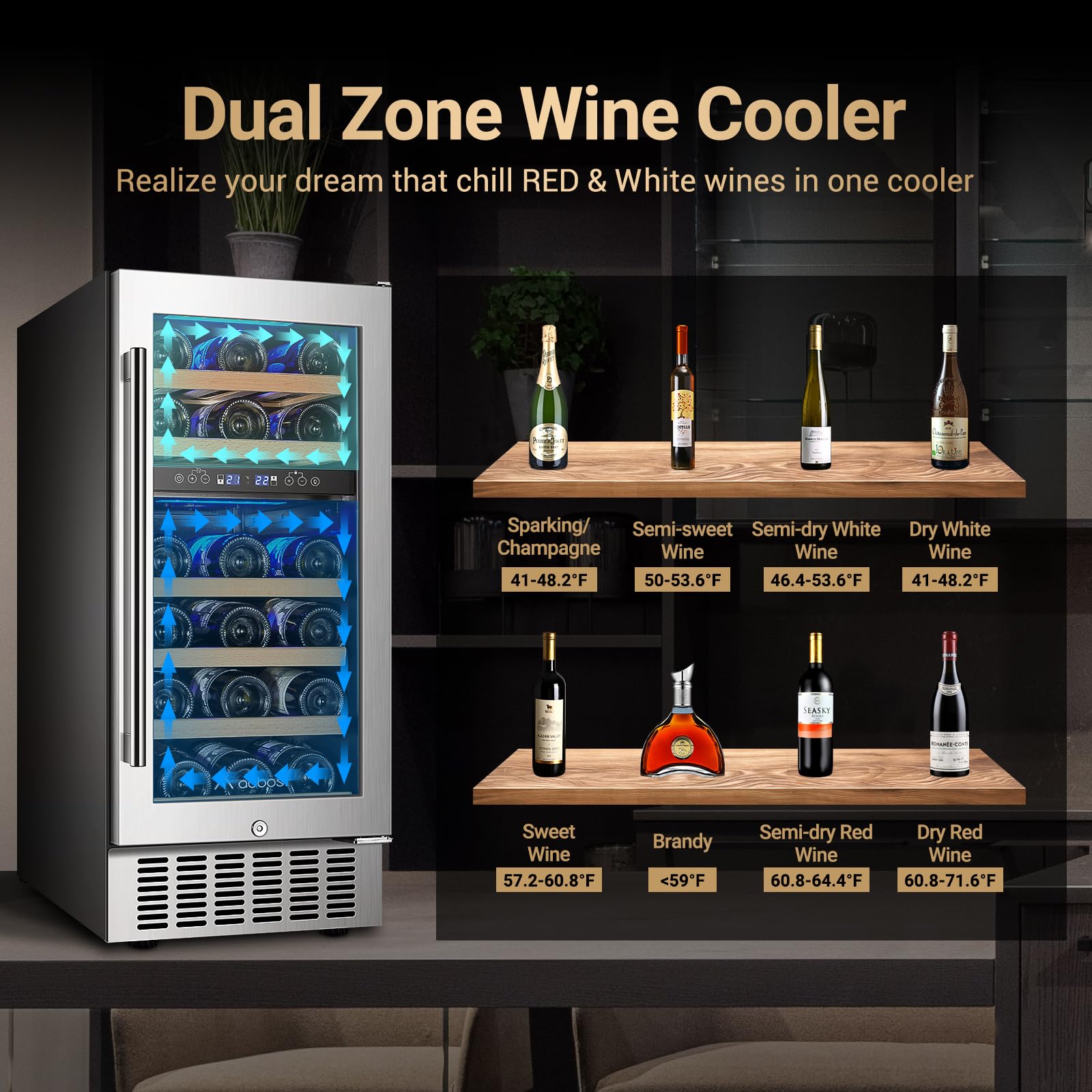 AAOBOSI 28 Bottles Wine Fridge, 15 Inch Dual Zone Wine Cooler with 6 Adjustable Shelves and Safety Lock, Digital Touch Screen, Low Noise Compressor Wine Refrigerator, Temperature Memory Function