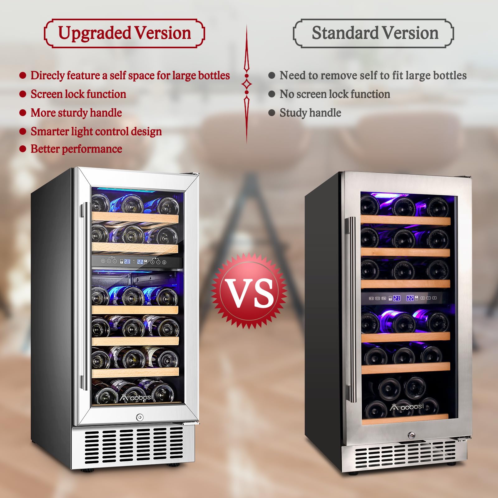 AAOBOSI 28 Bottles Wine Fridge, 15 Inch Dual Zone Wine Cooler with 6 Adjustable Shelves and Safety Lock, Digital Touch Screen, Low Noise Compressor Wine Refrigerator, Temperature Memory Function
