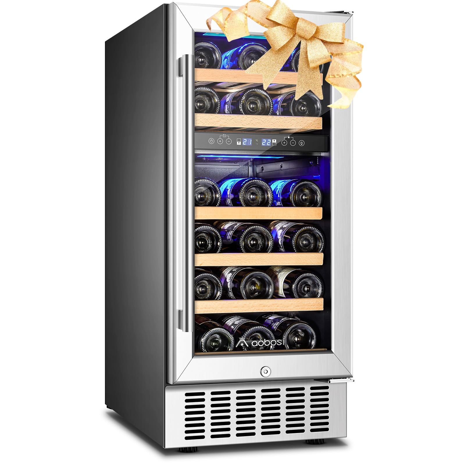 AAOBOSI 28 Bottles Wine Fridge, 15 Inch Dual Zone Wine Cooler with 6 Adjustable Shelves and Safety Lock, Digital Touch Screen, Low Noise Compressor Wine Refrigerator, Temperature Memory Function