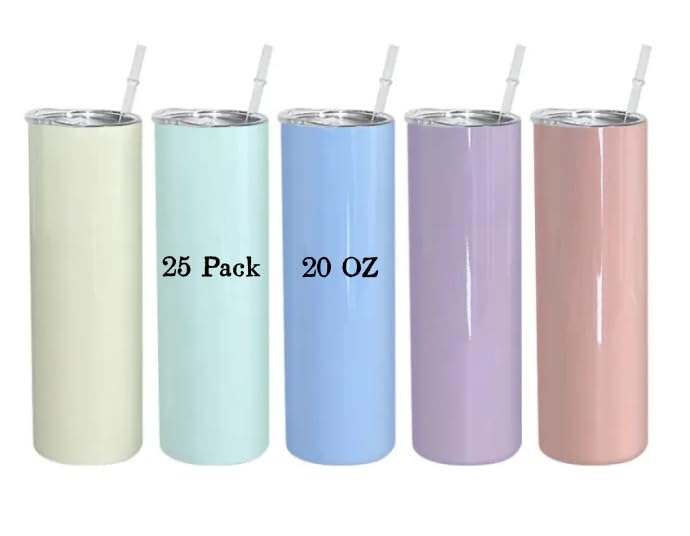 AGH 25 Pack Sublimation Tumbler Blanks with Lid & Straw, Macaron Color 20 OZ Straight Stainless Steel Skinny Straight Sublimation Tumbler Cups, DIY Gift