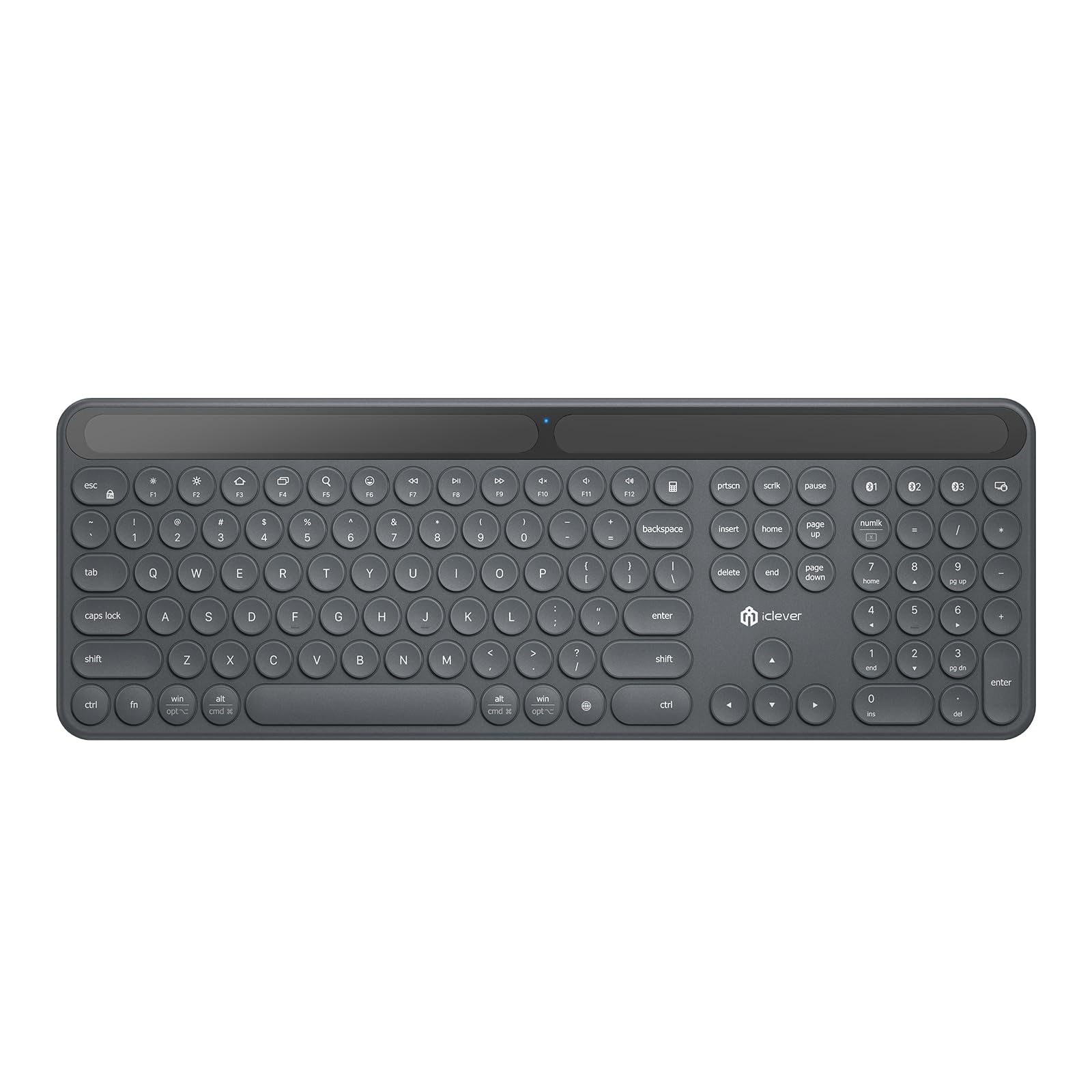 iClever Solar Bluetooth Keyboard, Wireless Keyboard with Solar & Indoor Light Charging, Full Size, 3-Device Connectivity, Silent Scissor Round Keys, Numeric Keypad for Office/Home/Mac/Windows
