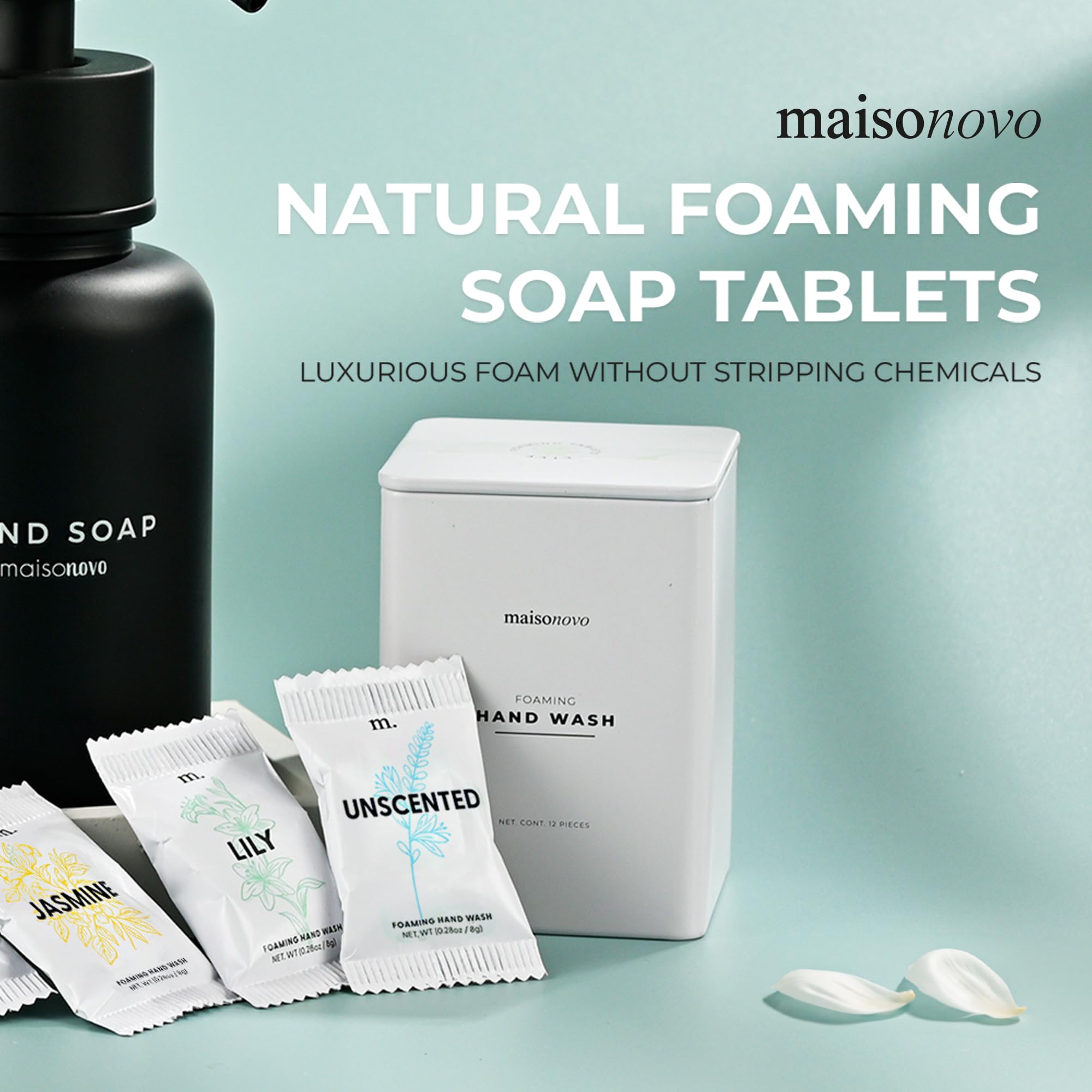 MAISONOVO Foaming Soap Dispenser - Hand Soap Refills for Foaming Dispenser - Amber Bottle 14 oz - 12 Mix Tablets