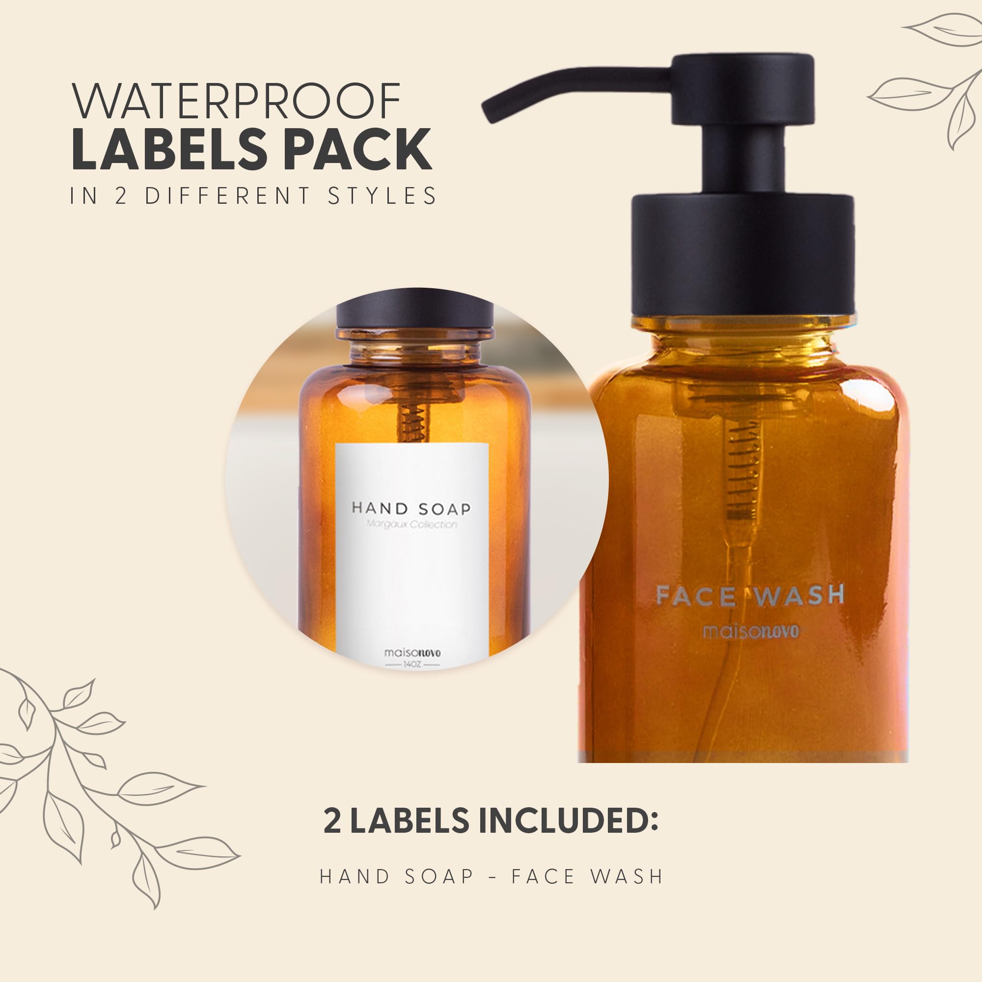 MAISONOVO Foaming Soap Dispenser - Hand Soap Refills for Foaming Dispenser - Amber Bottle 14 oz - 12 Mix Tablets